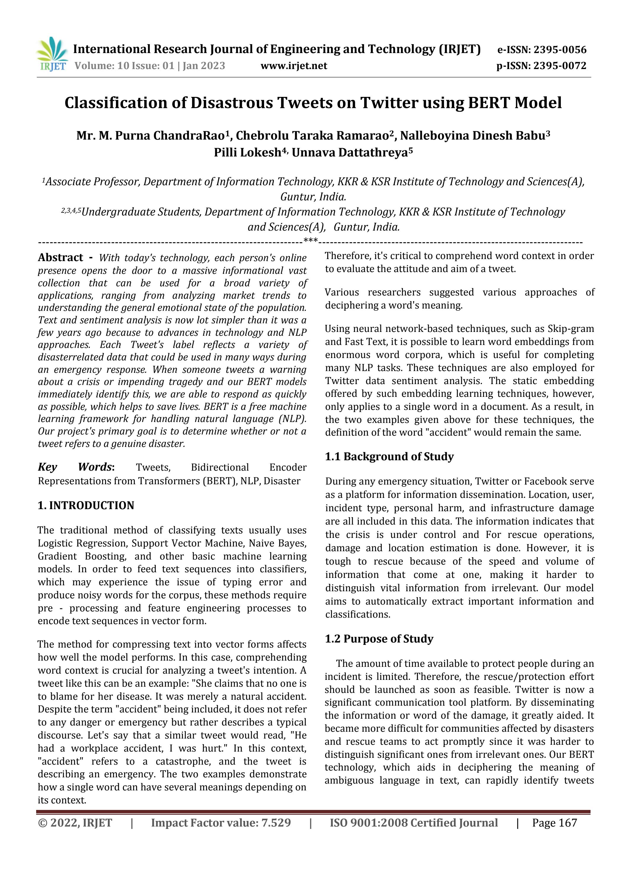 Classification of Disastrous Tweets on Twitter using BERT Model by IRJET Journal - Issuu