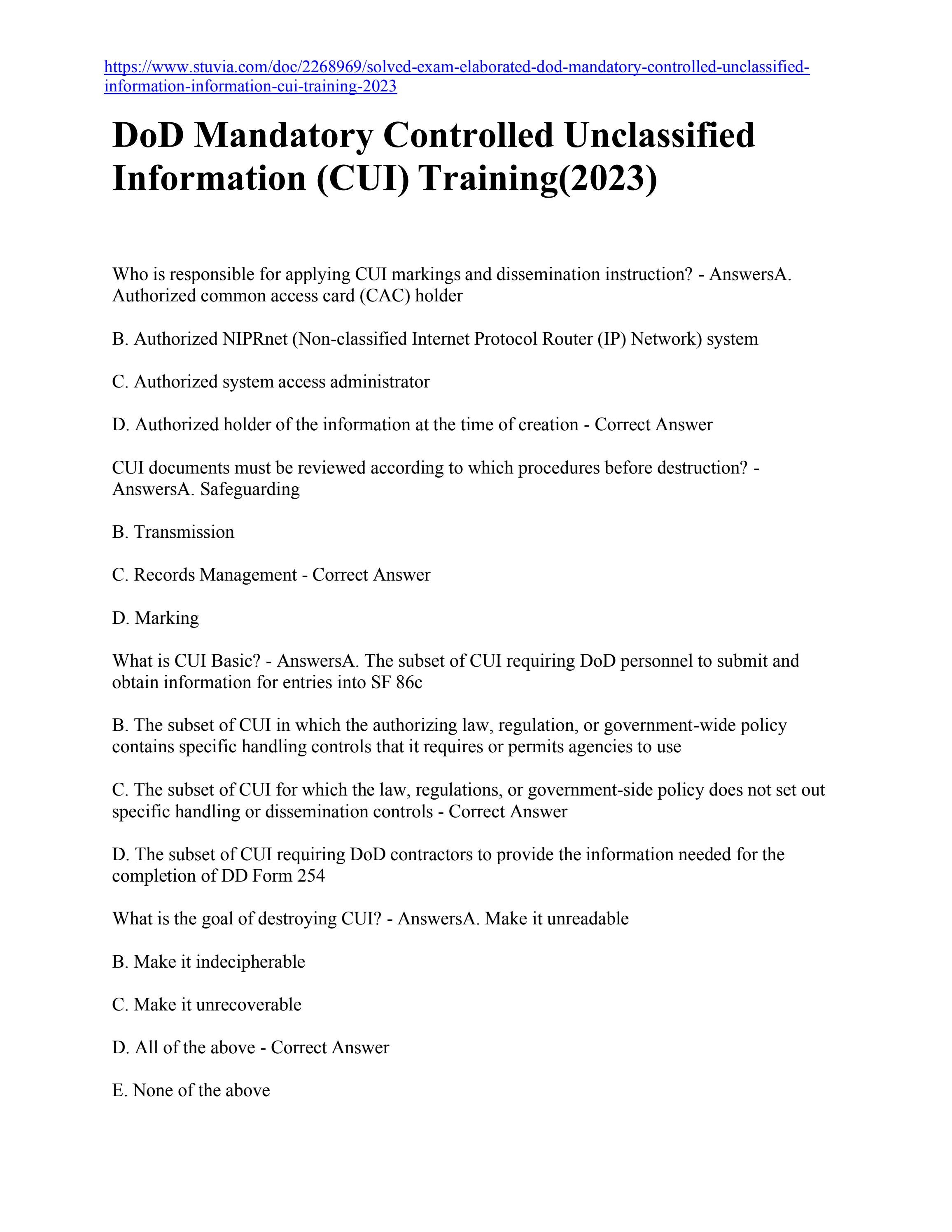 DoD Mandatory Controlled Unclassified Information (CUI) Training(2023 ...