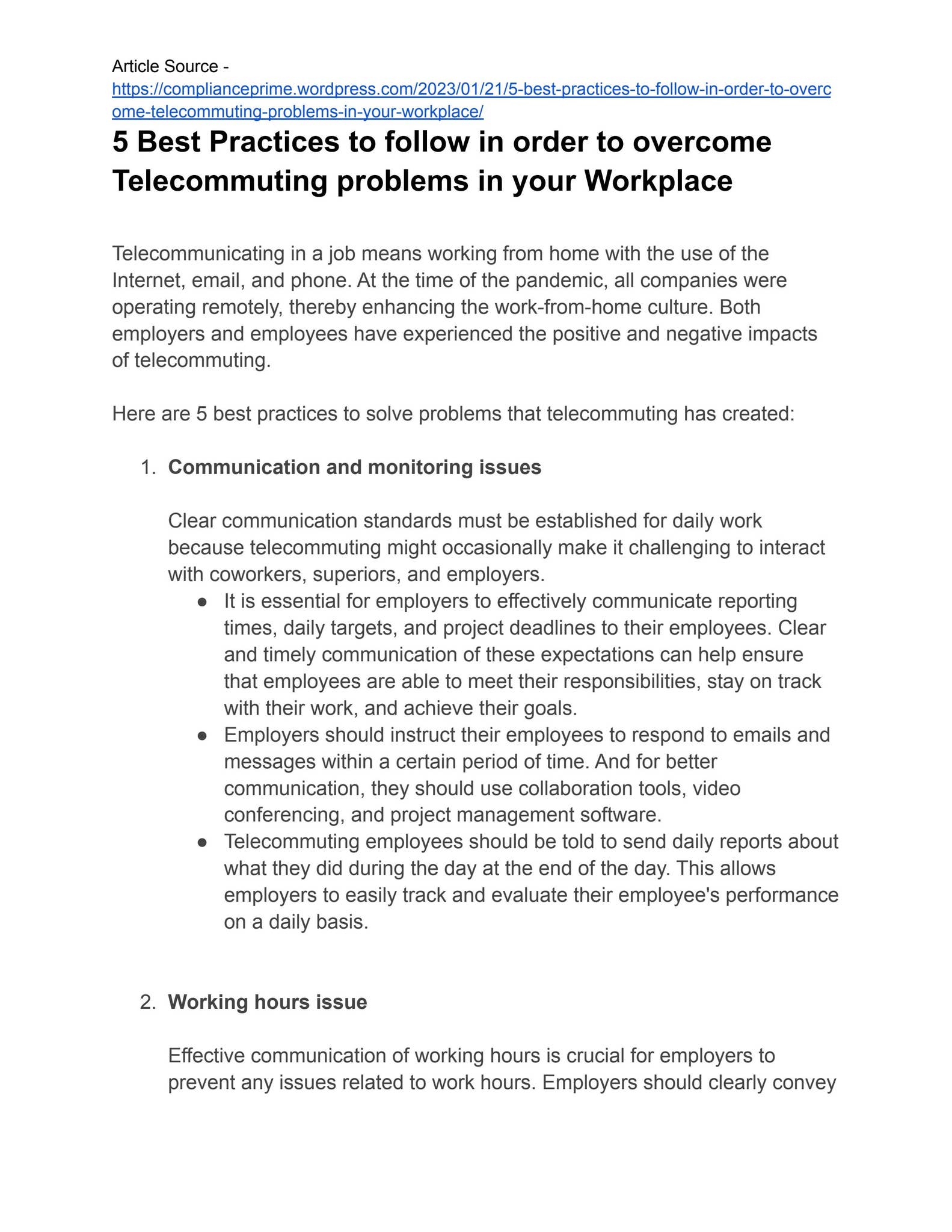 5 Best Practices to follow in order to overcome Telecommuting problems ...