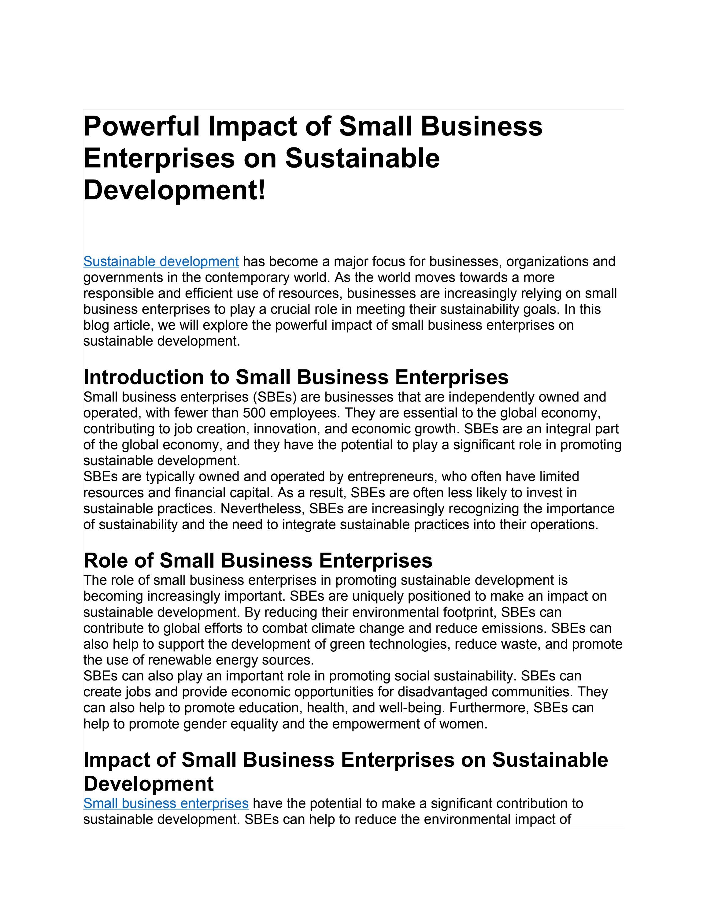 Powerful Impact of Small Business Enterprises on Sustainable ...