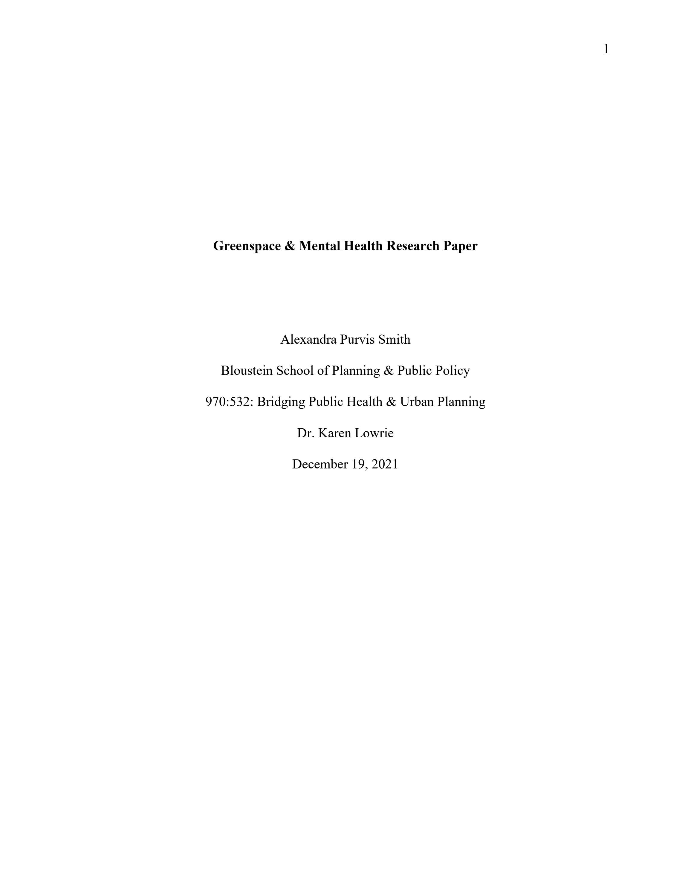 Writing Sample: Greenspace & Mental Health Research Paper (Fall 2021 ...