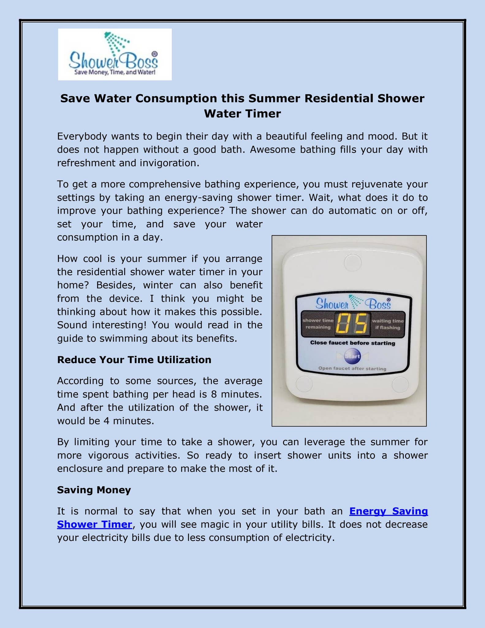Save Water Consumption This Summer Residential Shower Water Timer by ...