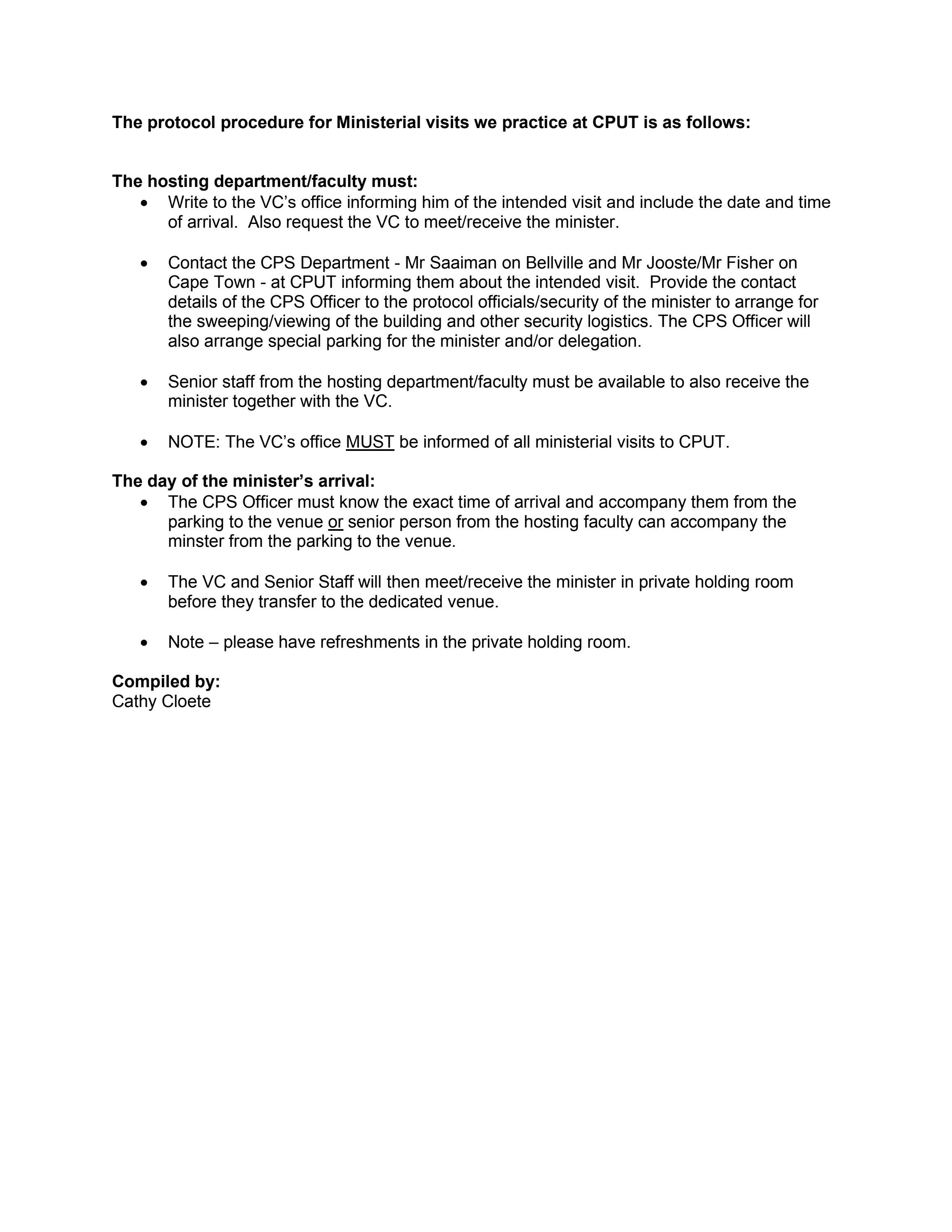 The protocol procedure for Ministerial visits we practice at CPUT by ...