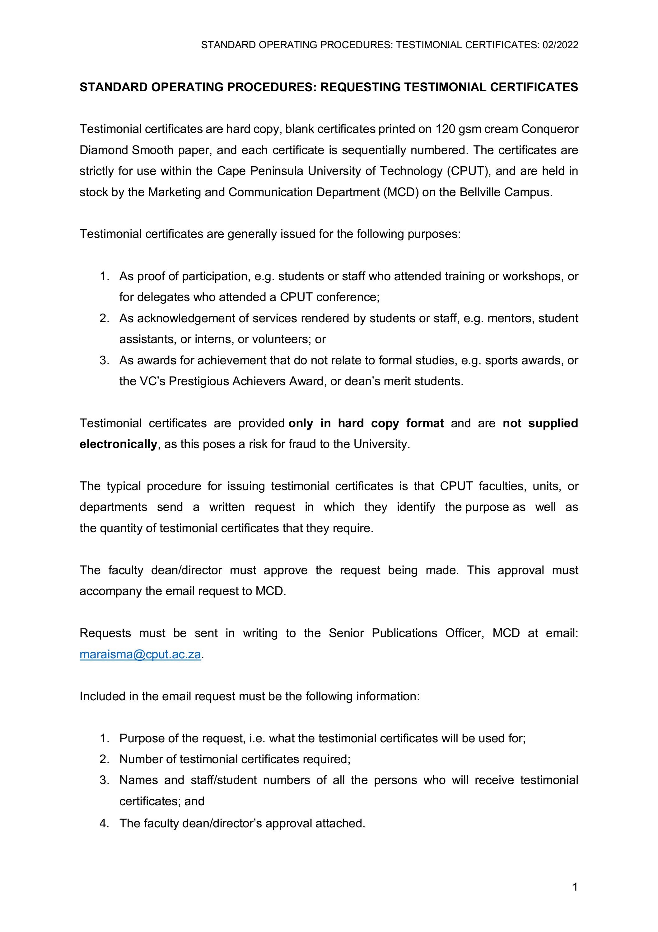 Requesting Testimonial Certificates by Cape Peninsula University of ...