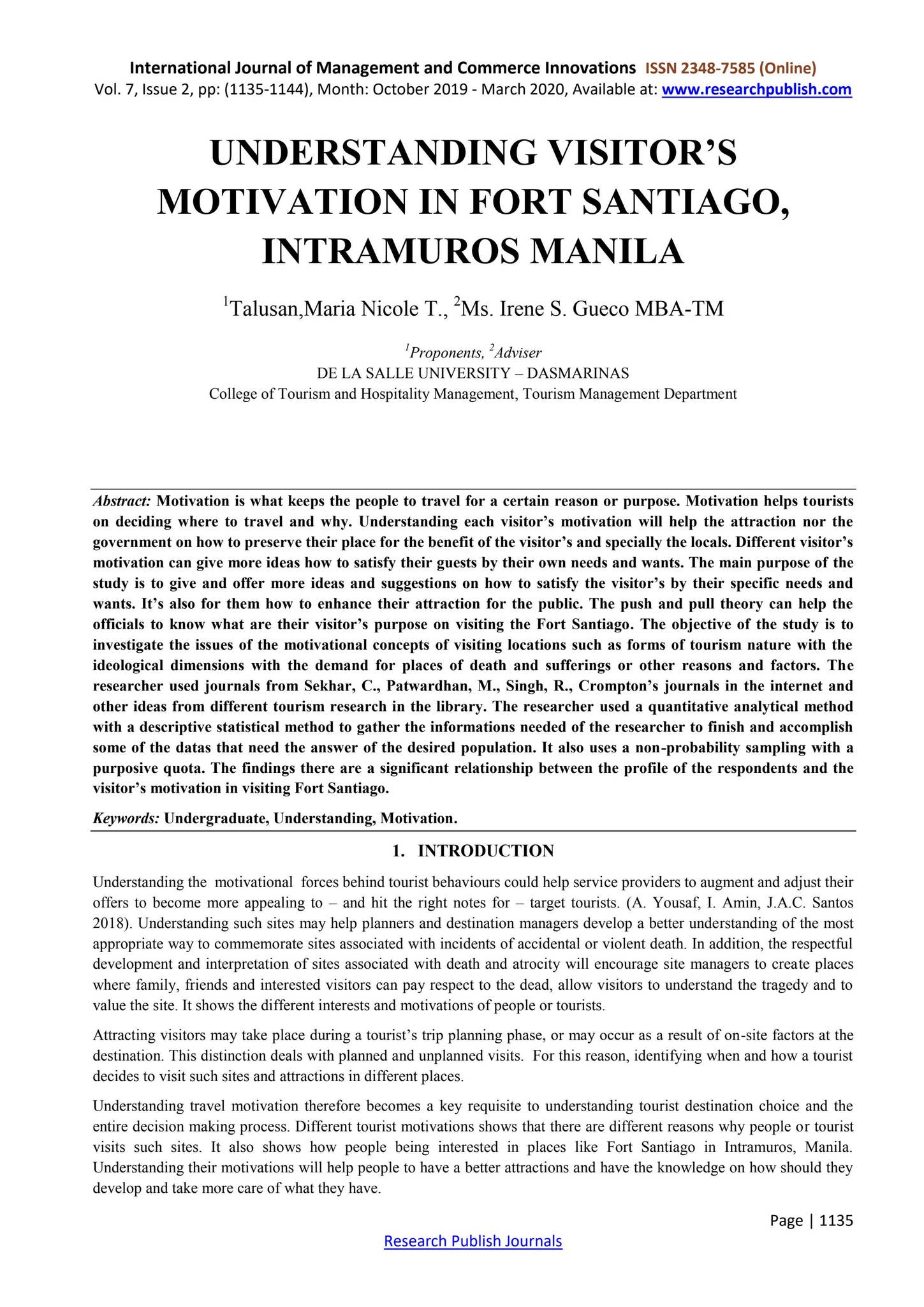 UNDERSTANDING VISITOR’S MOTIVATION IN FORT SANTIAGO, INTRAMUROS MANILA ...