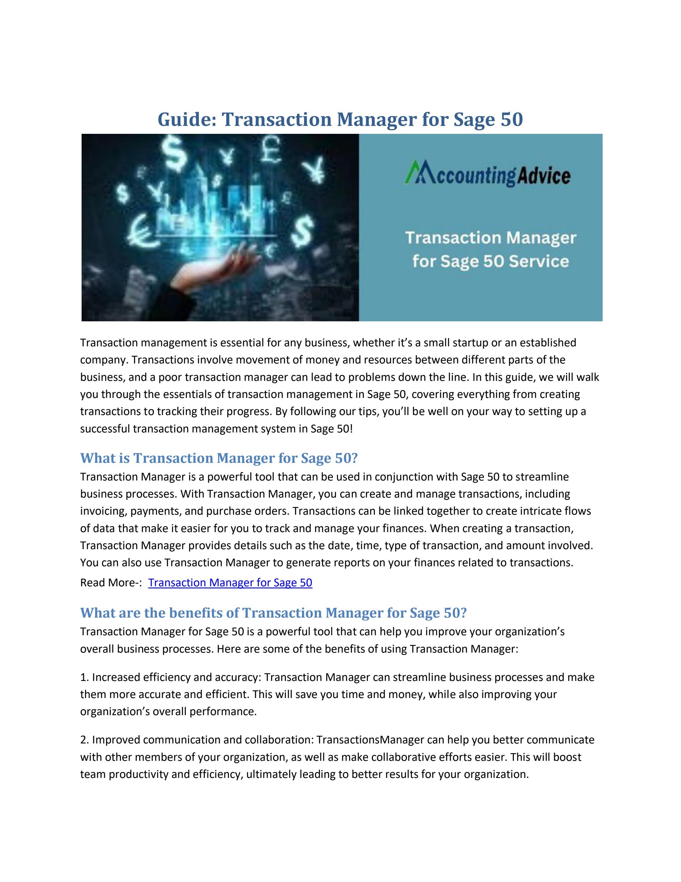 Guide: Transaction Manager for Sage 50 by accounting advice - Issuu
