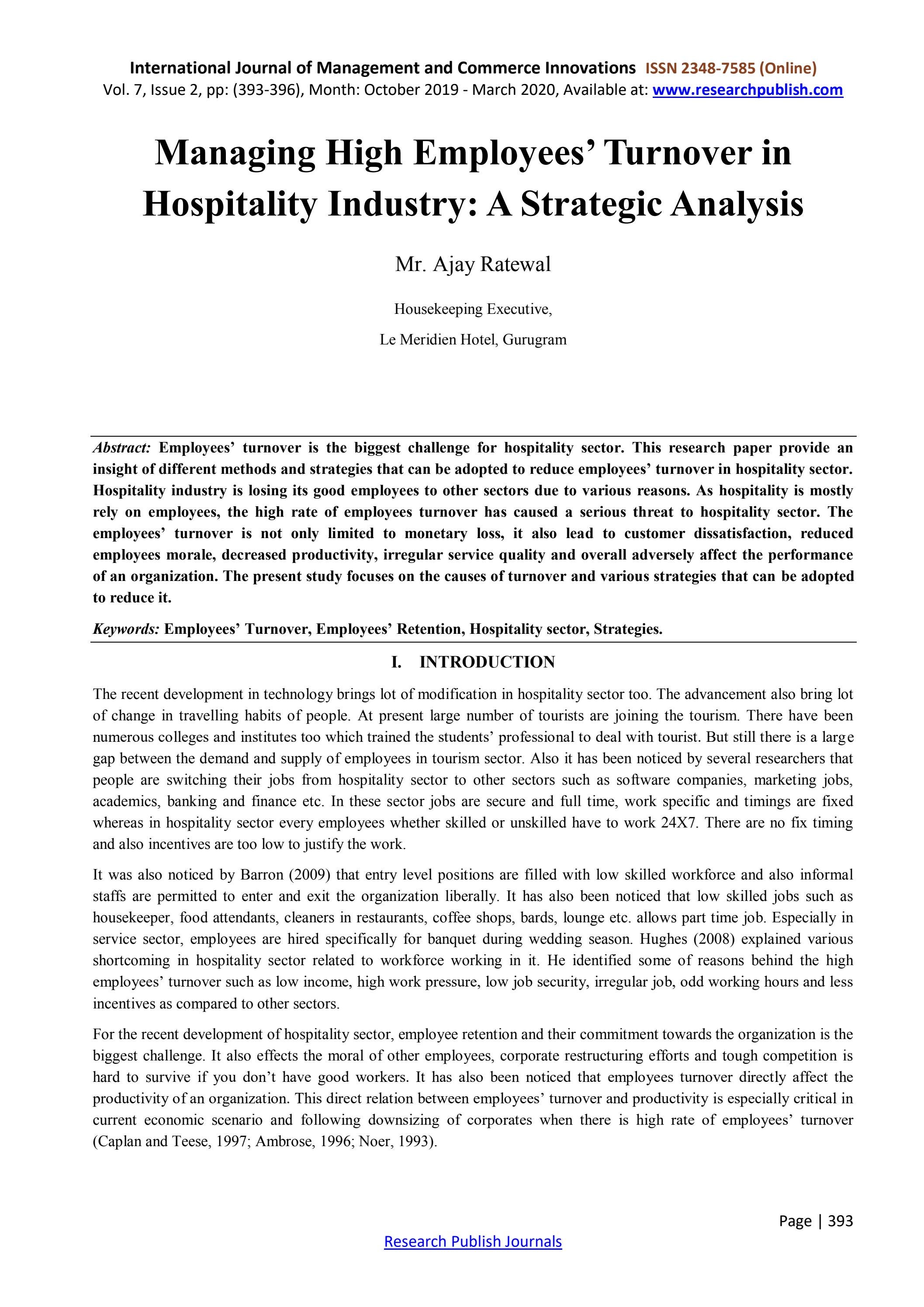 Managing High Employees’ Turnover in Hospitality Industry: A Strategic ...