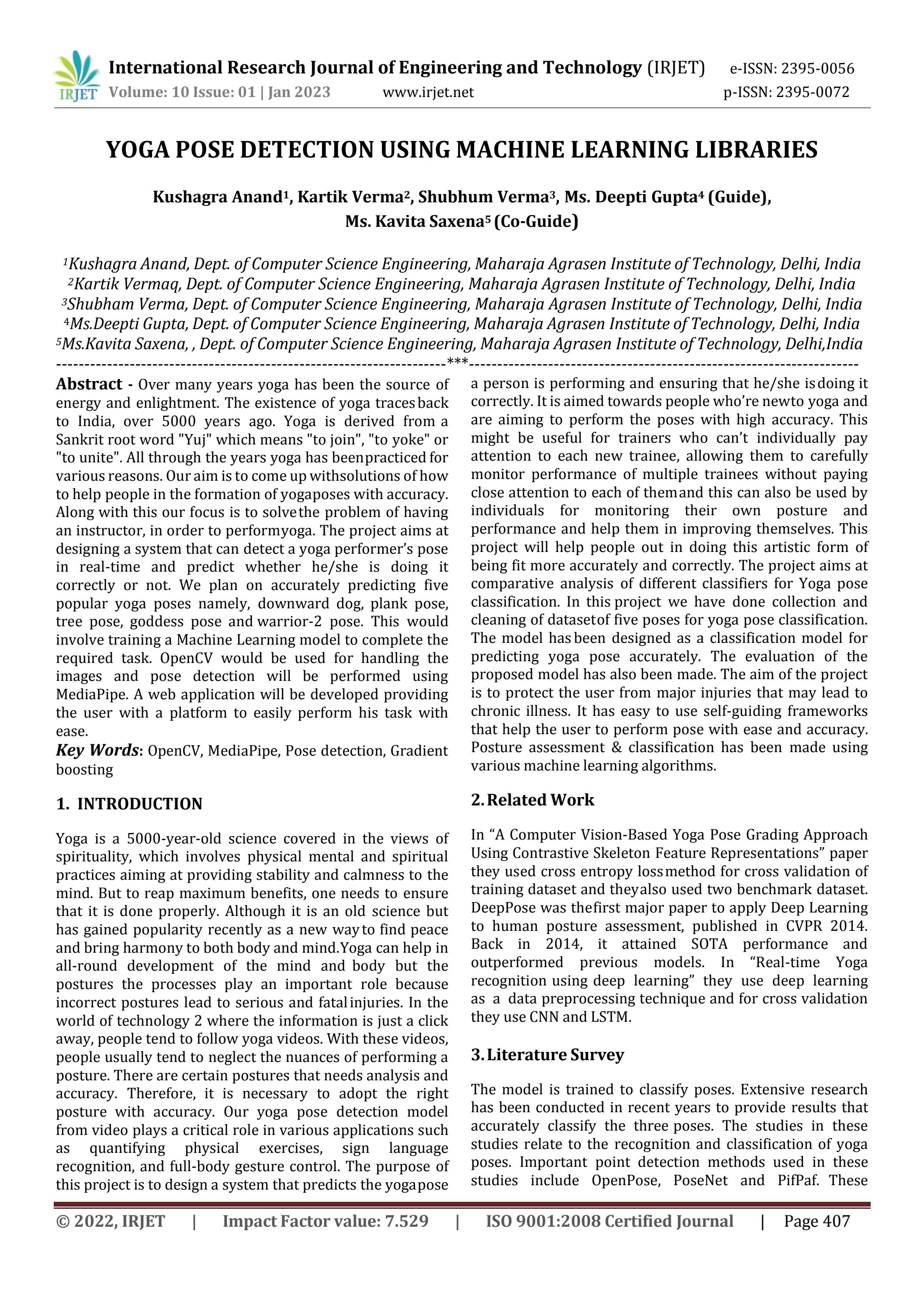 YOGA POSE DETECTION USING MACHINE LEARNING LIBRARIES by IRJET Journal ...