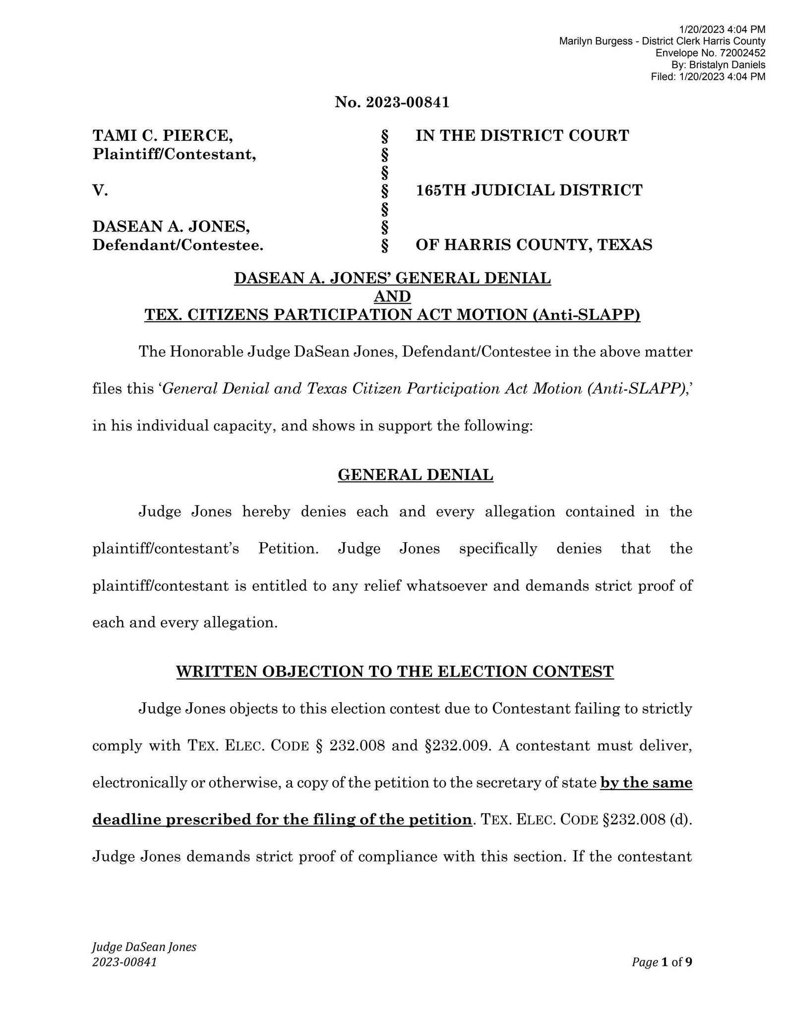 Judge Dasean Jones, Hires Downtown Oliver Brown to Answer Lawsuit ...