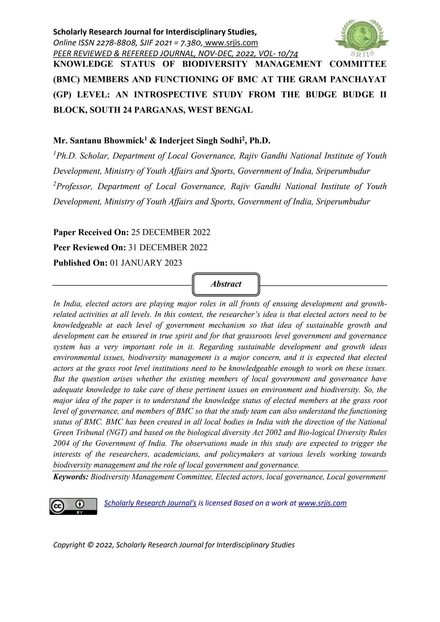 KNOWLEDGE STATUS OF BIODIVERSITY MANAGEMENT COMMITTEE (BMC) MEMBERS AND ...