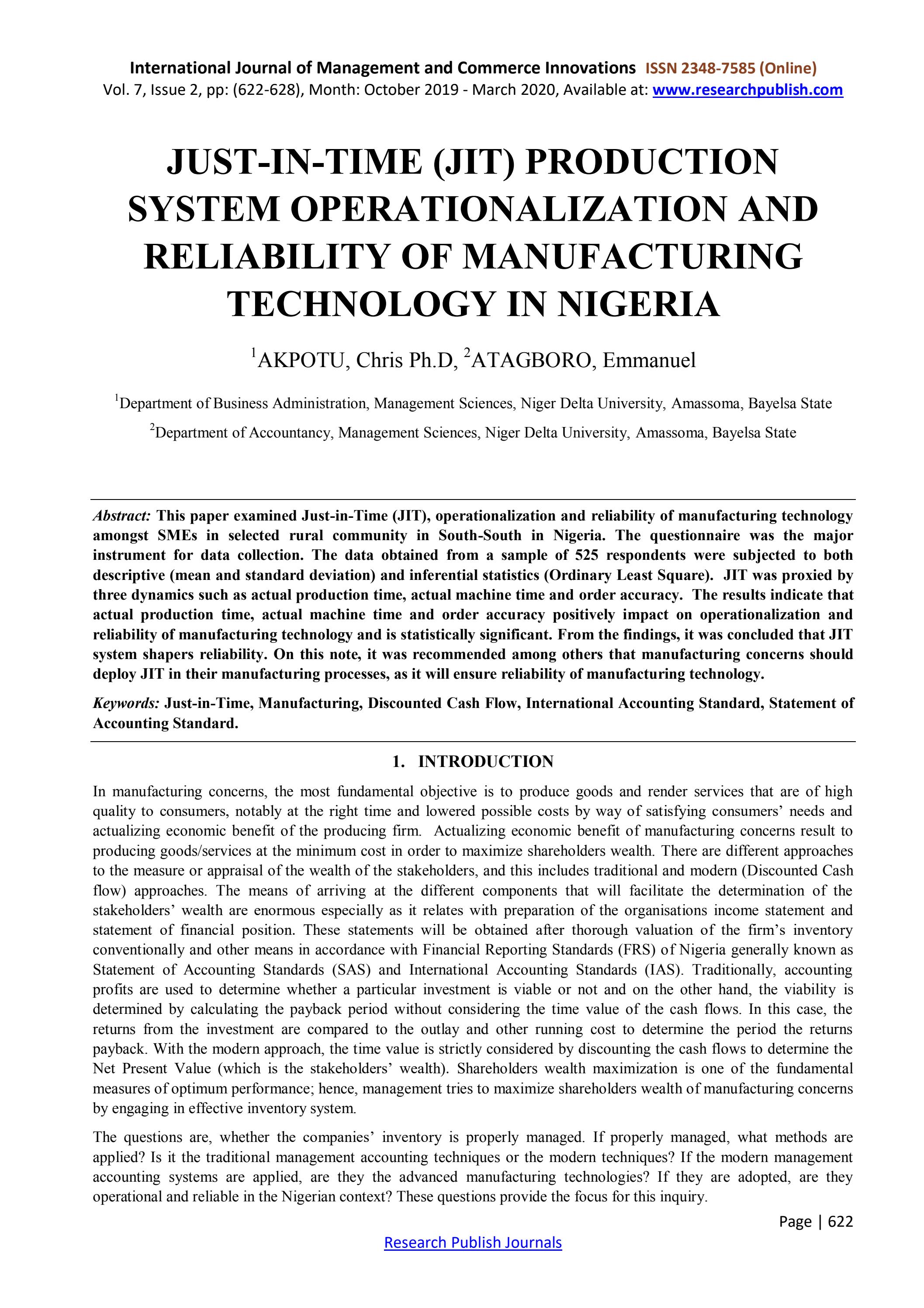 JUST-IN-TIME (JIT) PRODUCTION SYSTEM OPERATIONALIZATION AND RELIABILITY OF MANUFACTURING ...