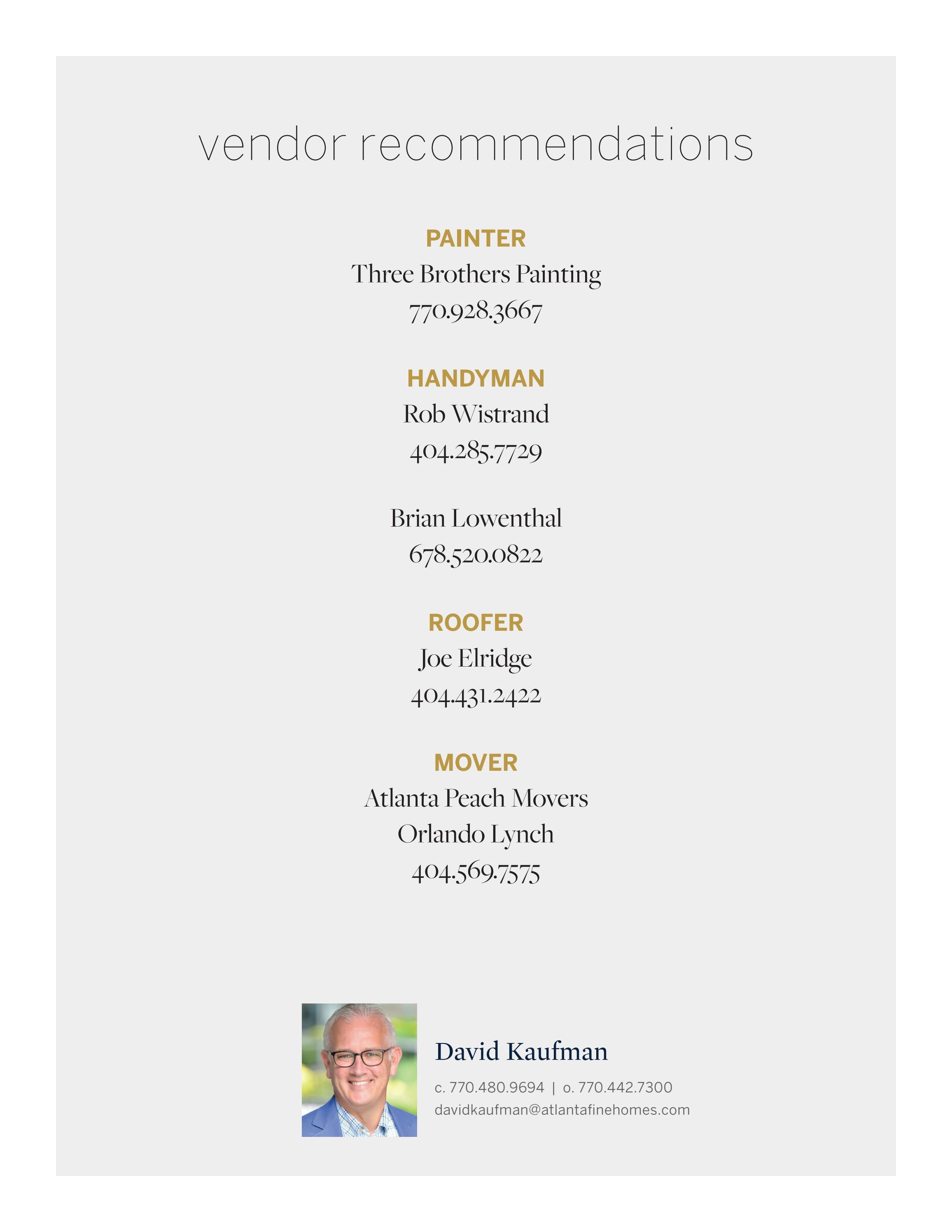 Vendor/Contractor List from David Kaufman by Atlanta Fine Homes Sotheby ...