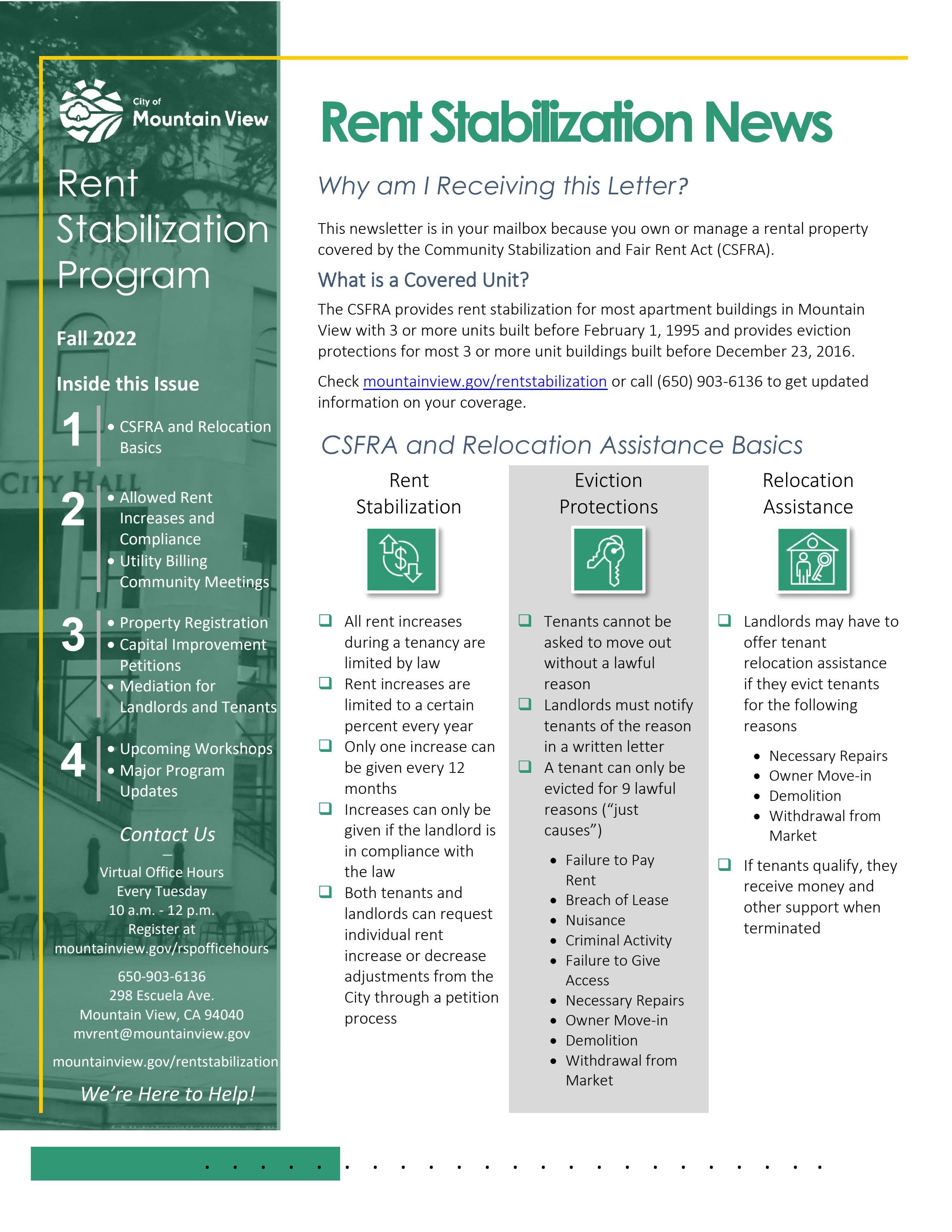 Fall 2022 CSFRA Rent Stabilization Landlord Newsletter by City of ...