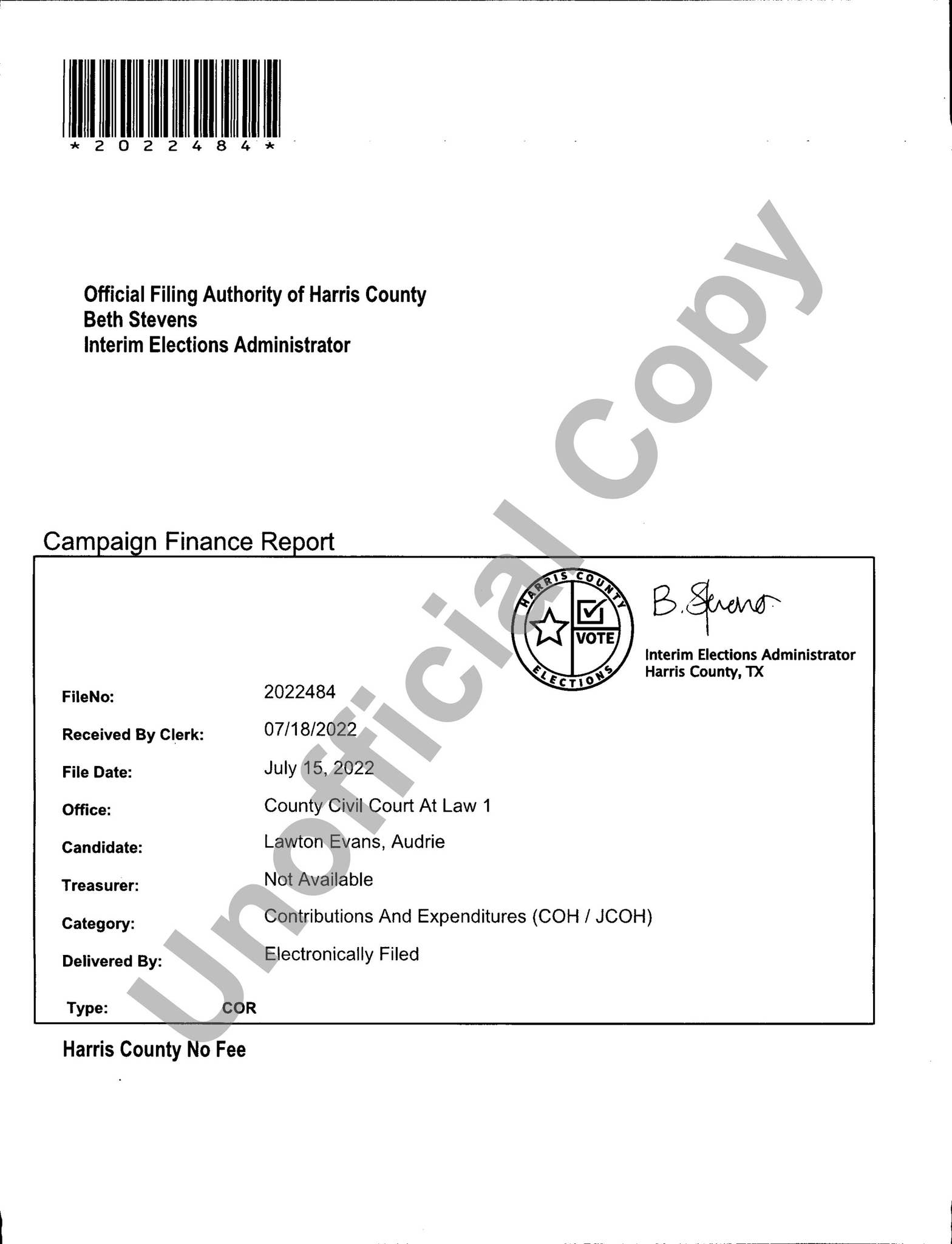 This Campaign Finance Report was filed on July 15, 2022, by Judge ...