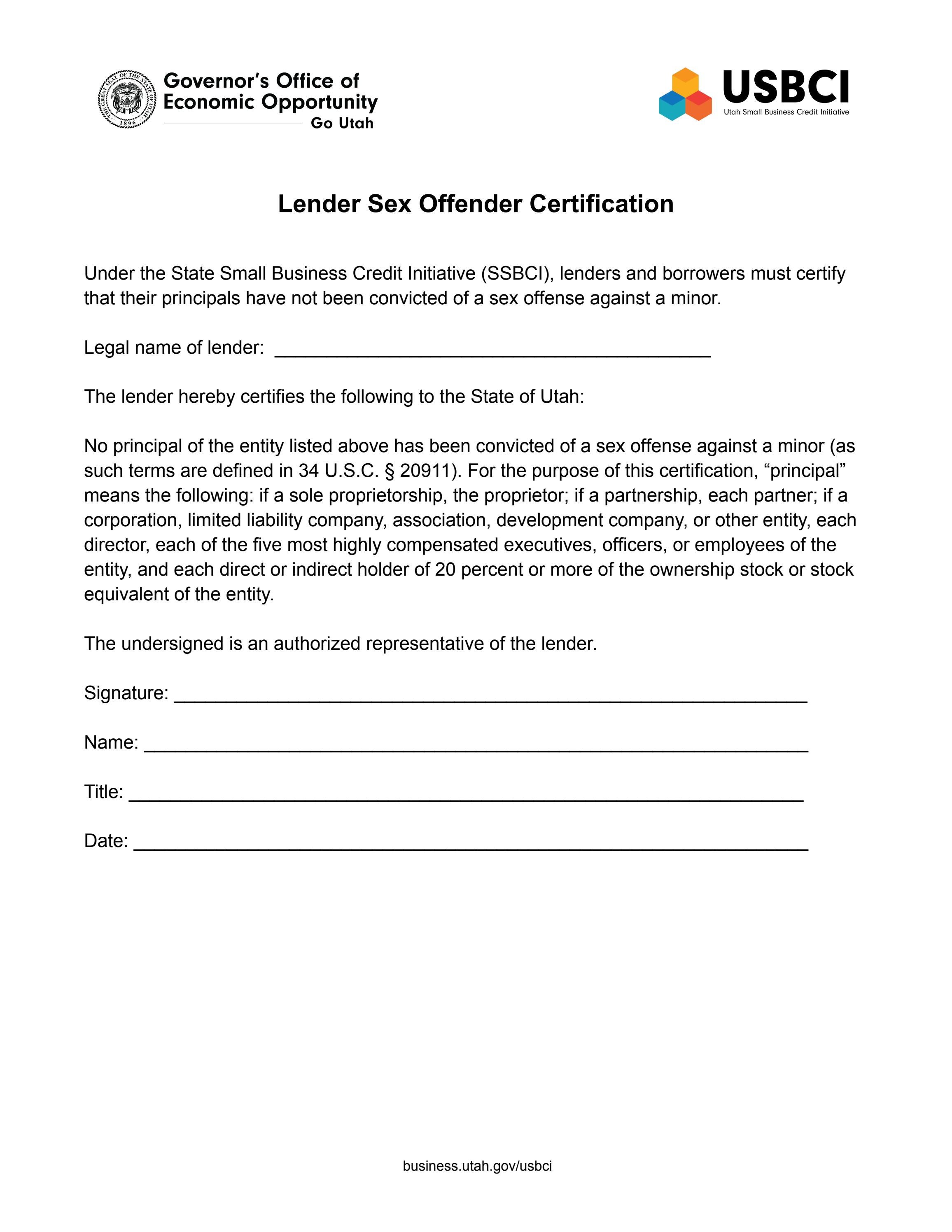 USBCI Lender Sex Offender Certification by Utah Governor's Office of ...