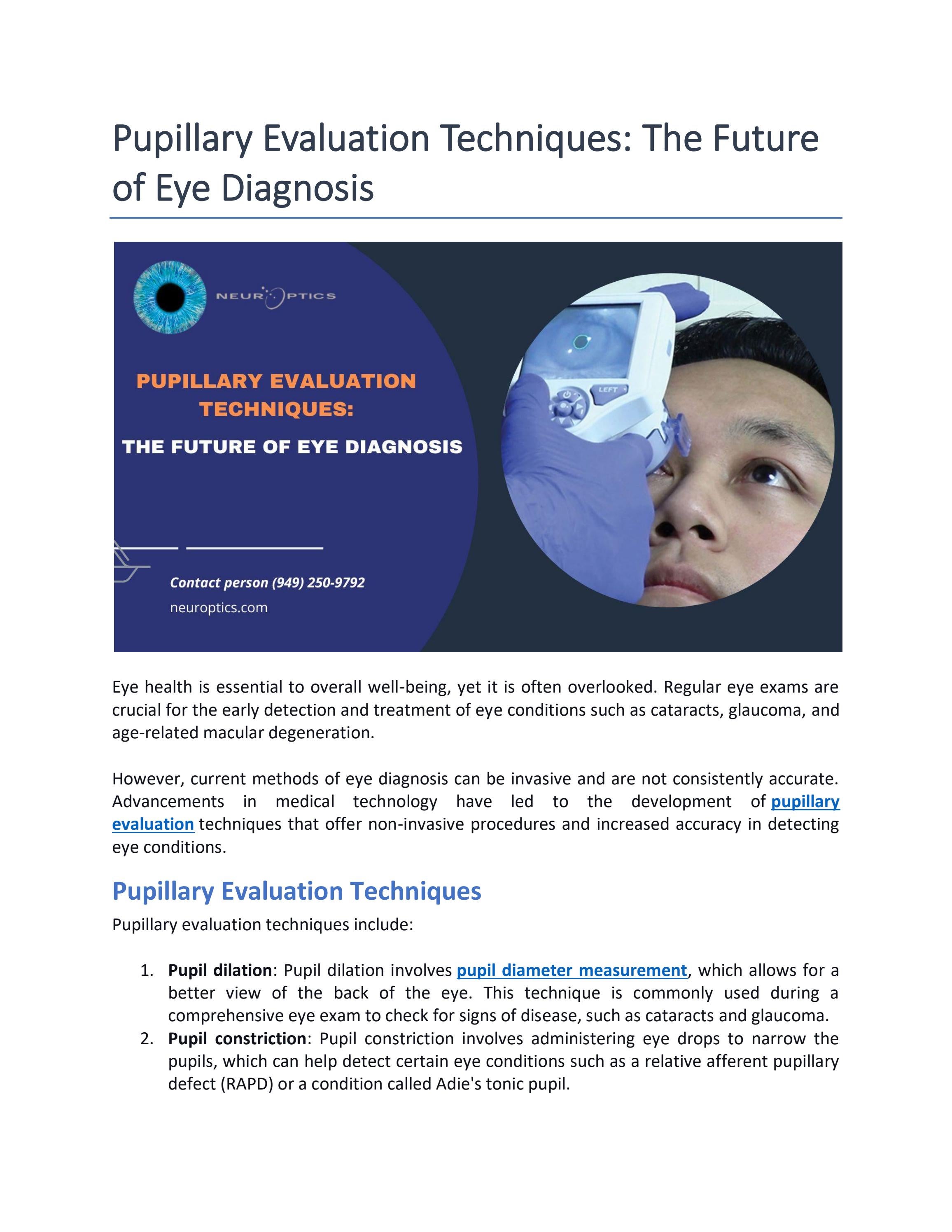 Pupillary Evaluation Techniques: The Future of Eye Diagnosis by NeurOptics, Inc. - Issuu