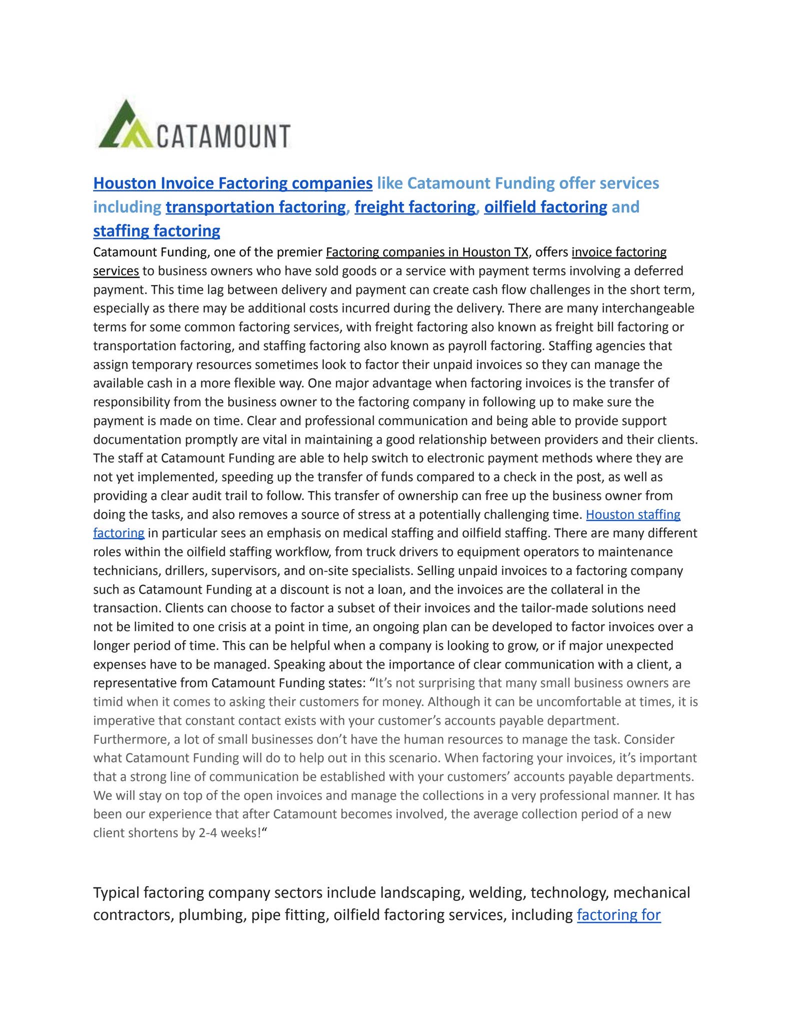 Catamount Funding offers Houston Staffing Factoring, Service Factoring ...