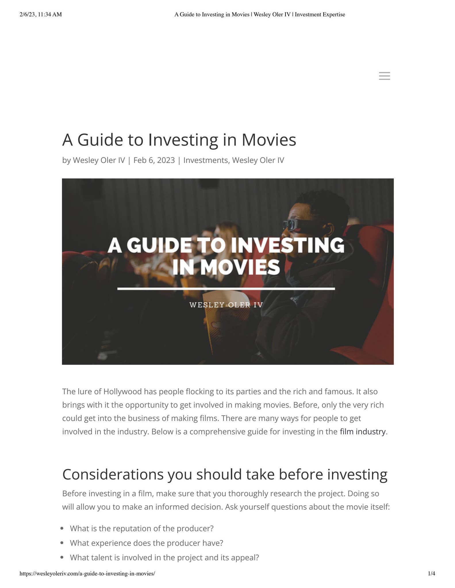 A Guide to Investing in Movies by Wesley Oler IV - Issuu