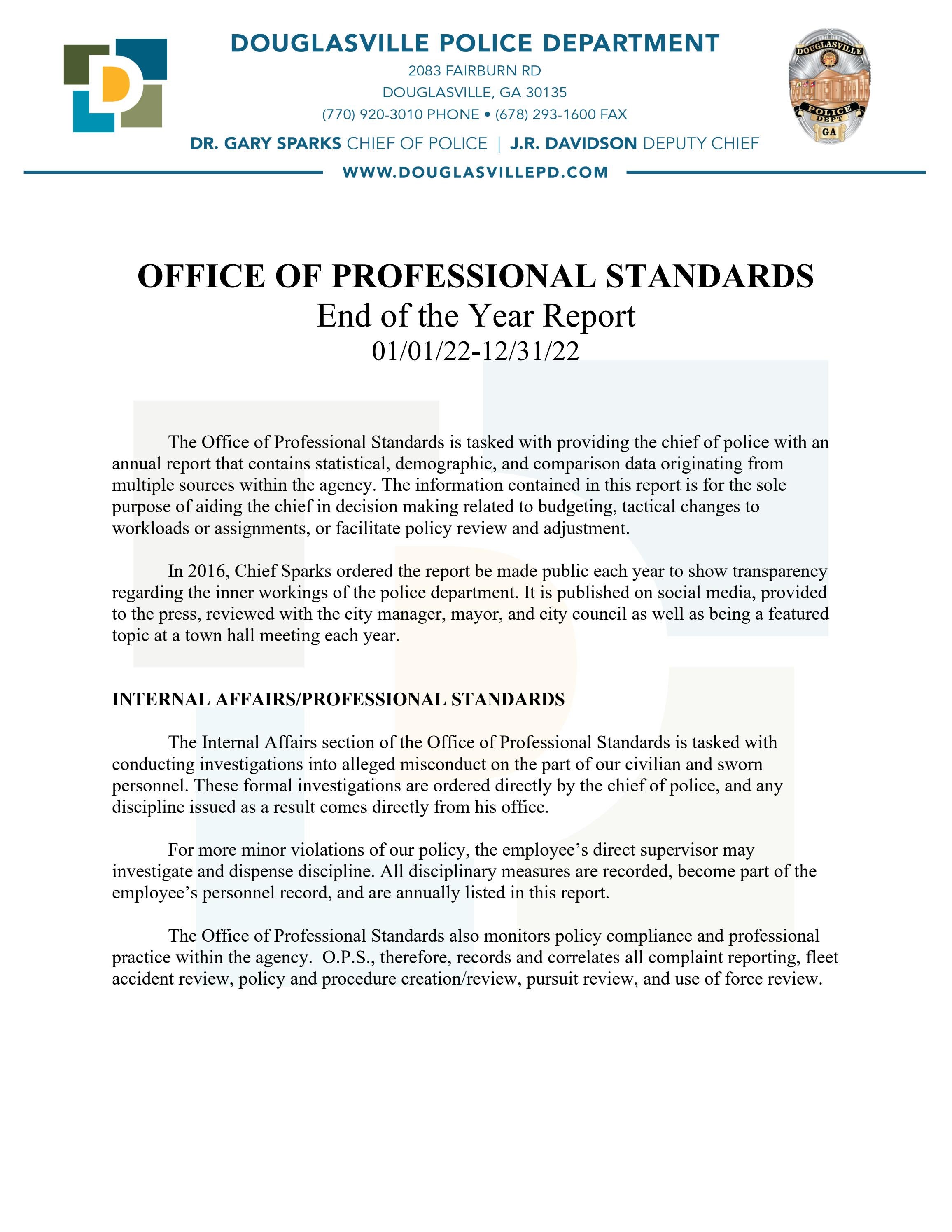 Douglasville Police Department Office Of Professional Standards 2022