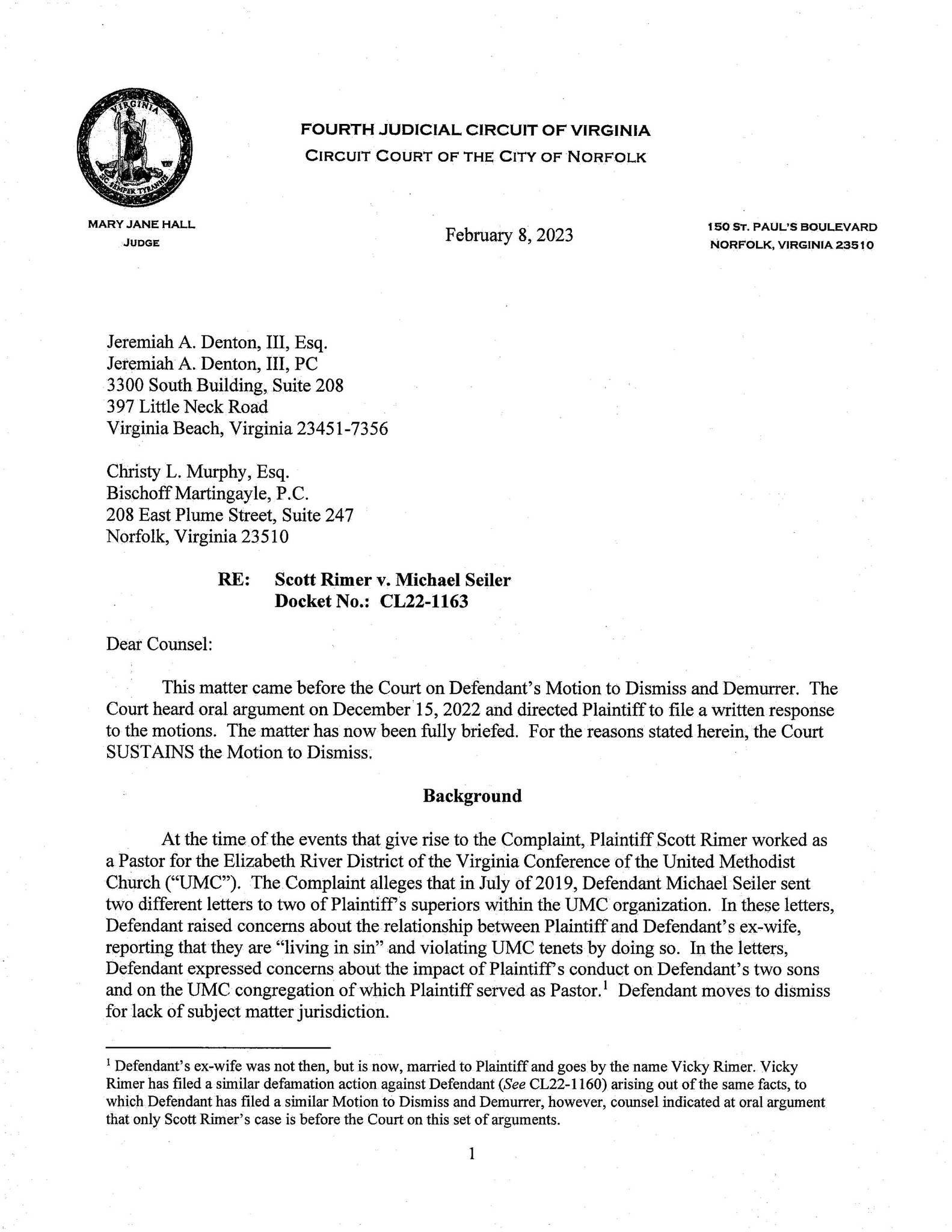 Scott Rimer v. Michael Seiler by Norfolk Circuit Court Clerk's Office ...