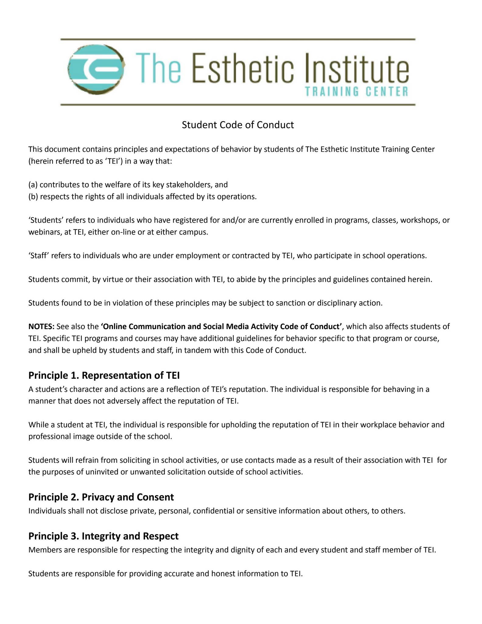 TEI Student Code of Conduct by The Esthetic Institute Training Center ...