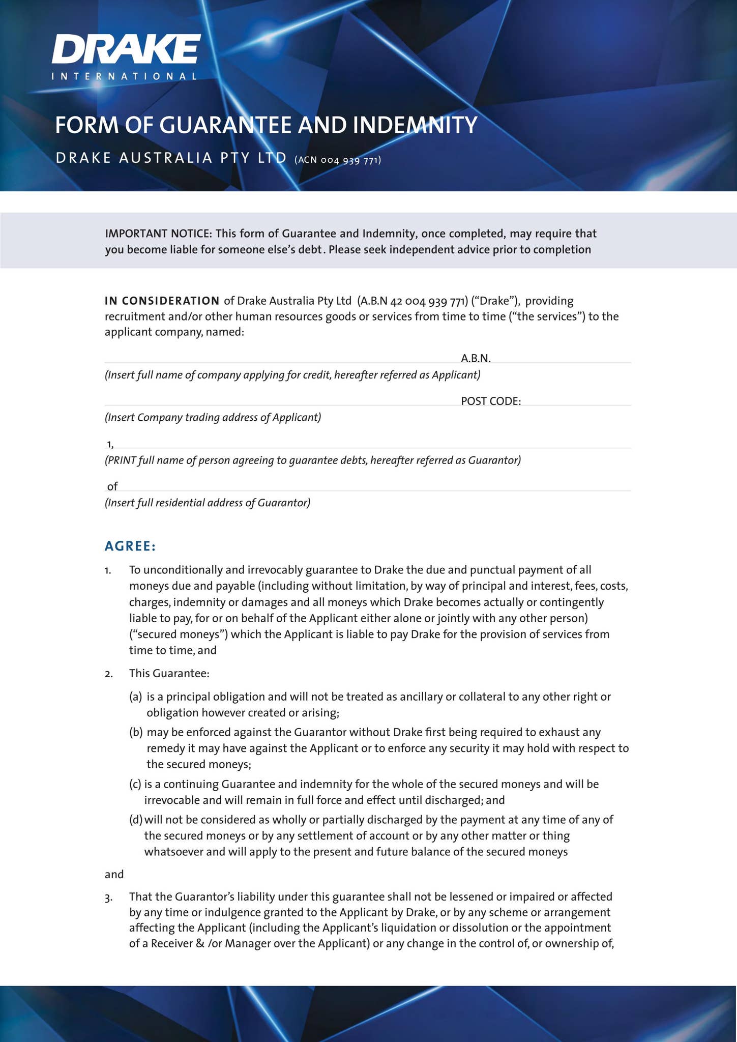 Drake Form of Guarantee and Indemnity Contractor Staffing by Mike - Issuu