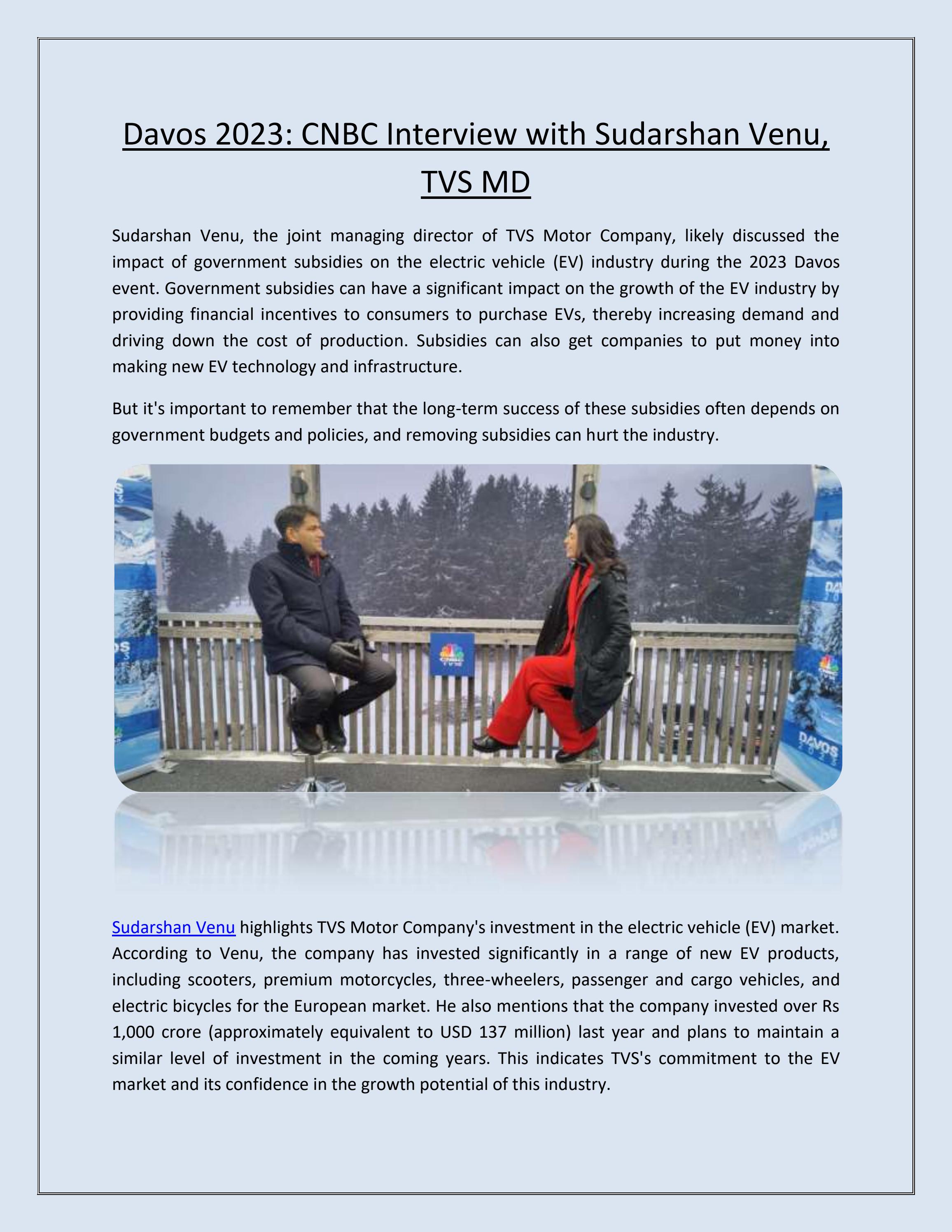 Davos 2023: CNBC Interview with Sudarshan Venu, TVS MD by Advaith singh ...