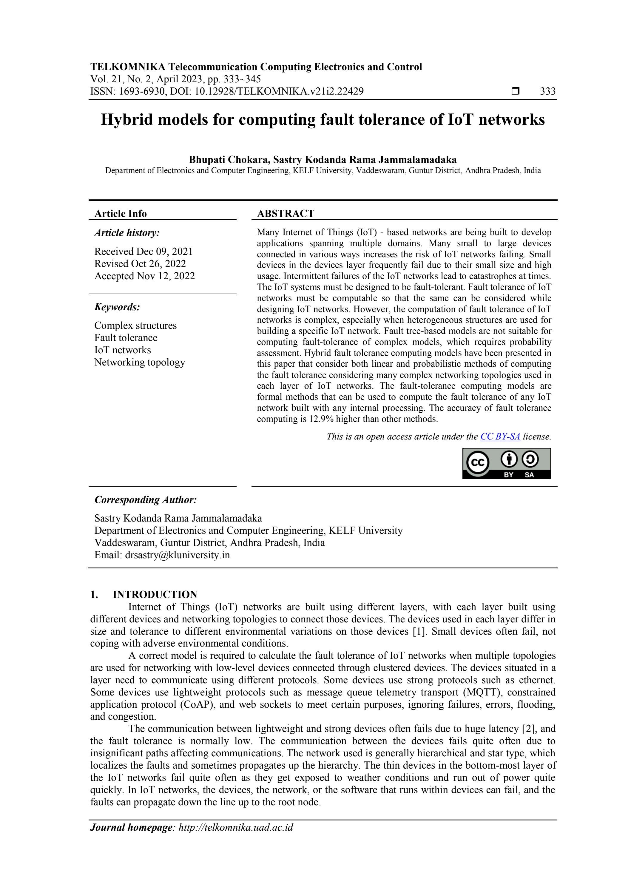 Hybrid models for computing fault tolerance of IoT networks by ICWT1 TELKOMNIKA - Issuu