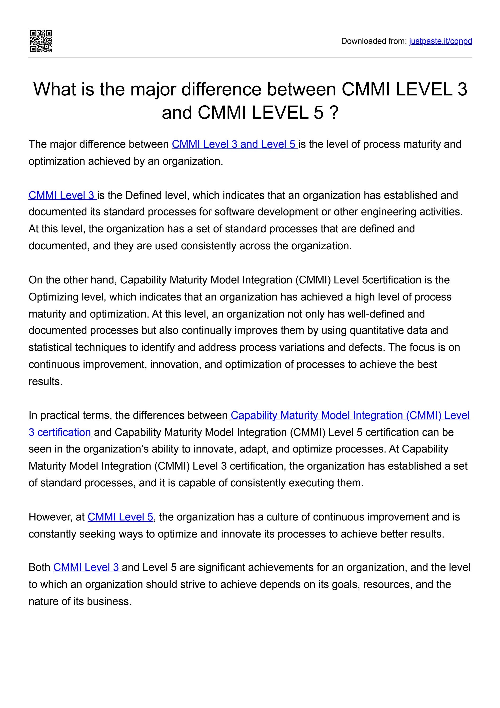 What Is The Major Difference Between CMMI LEVEL 3 And CMMI LEVEL 5 By What Is The Major Difference Between CMMI LEVEL 3 And CMMI LEVEL 5 By