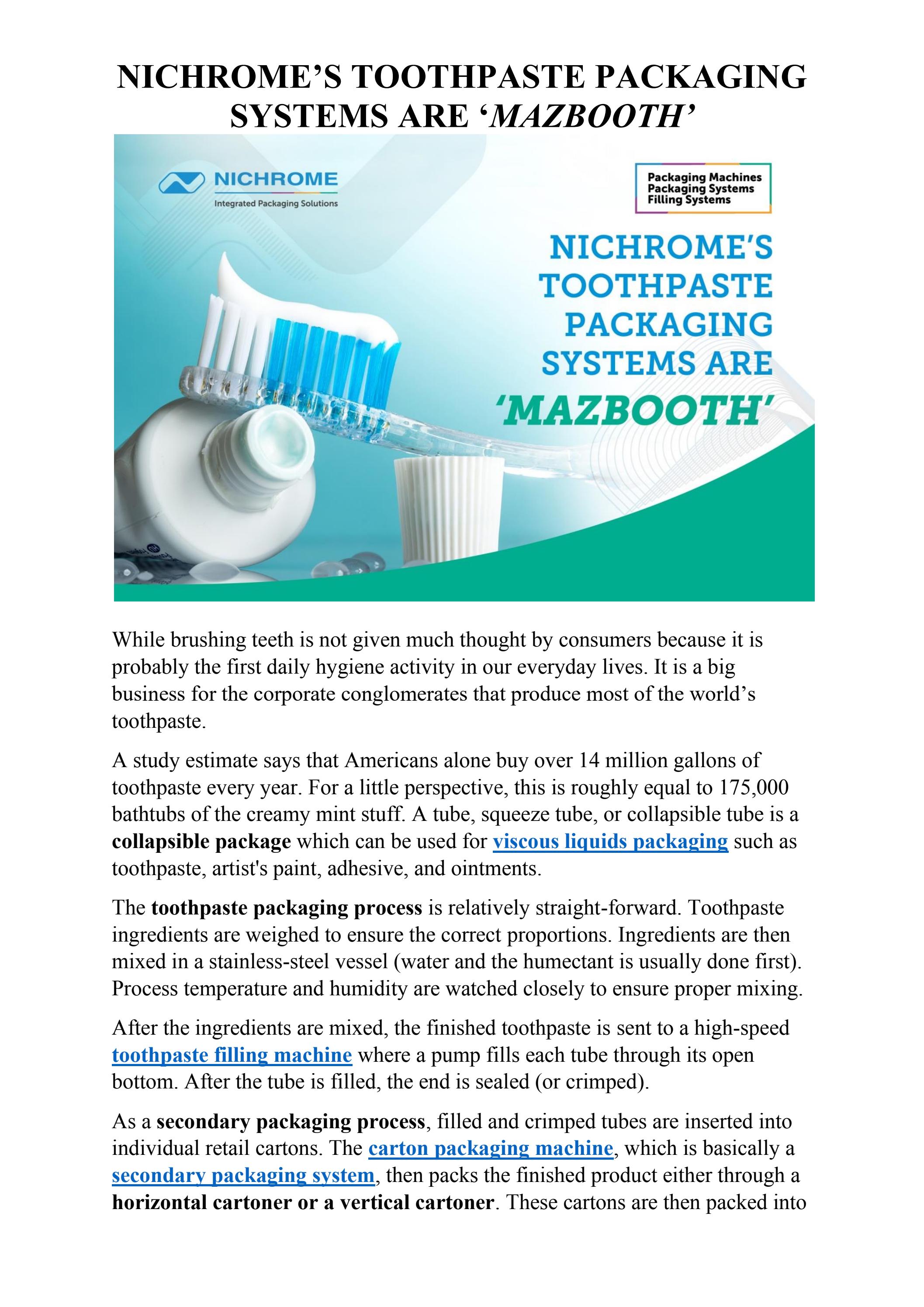NICHROME’S TOOTHPASTE PACKAGING SYSTEMS ARE ‘MAZBOOTH’ by Nichrome ...