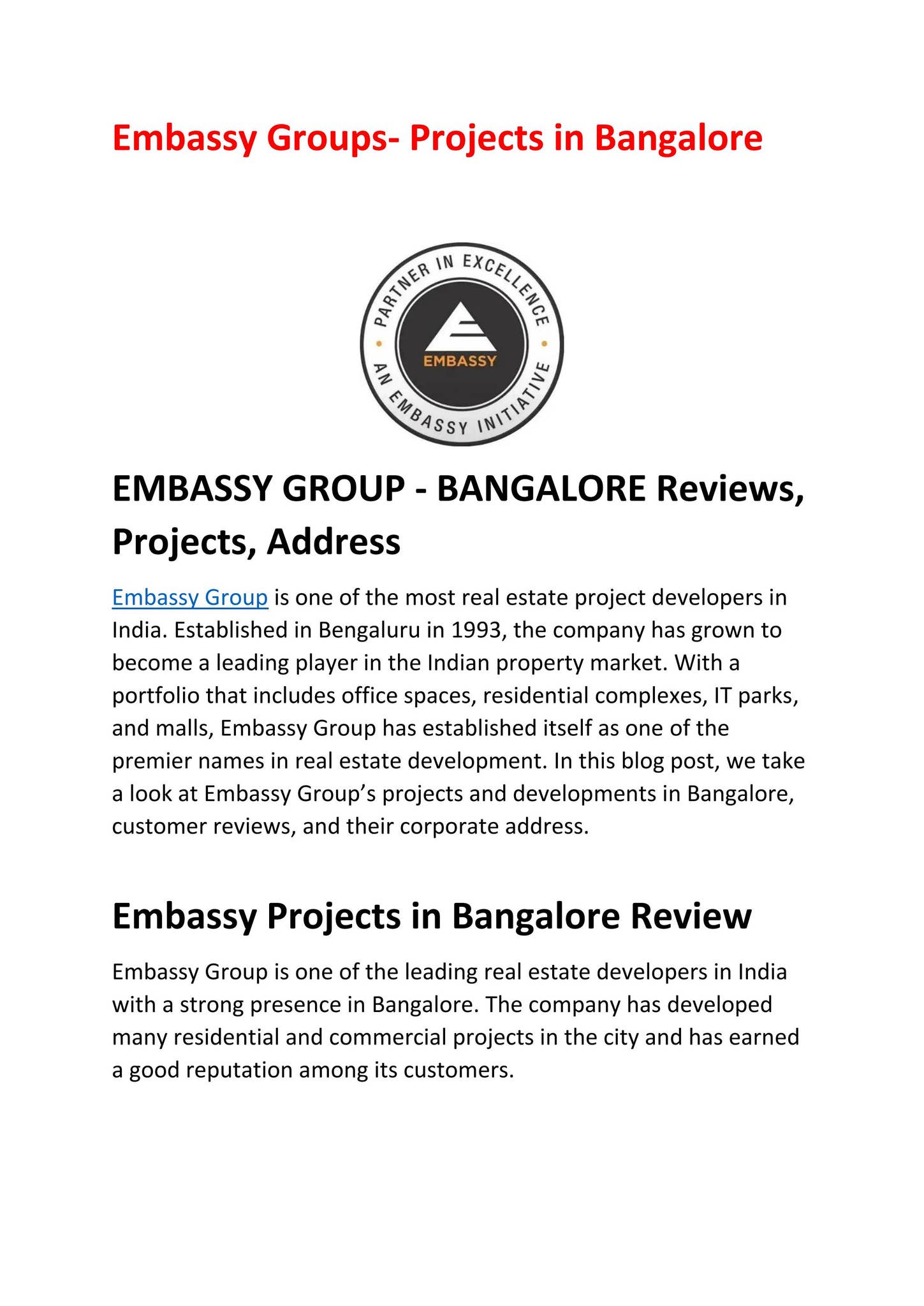 Embassy Groups- Projects in Bangalore EMBASSY GROUP - BANGALORE Reviews ...