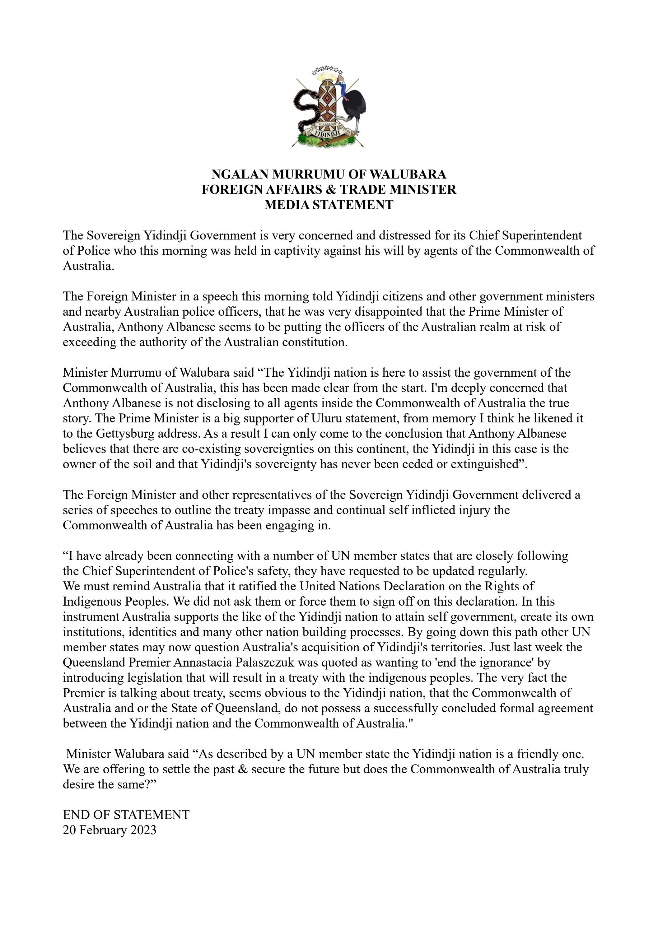 Media statement from the Foreign Office 20 Feb 2023 by Sovereign ...