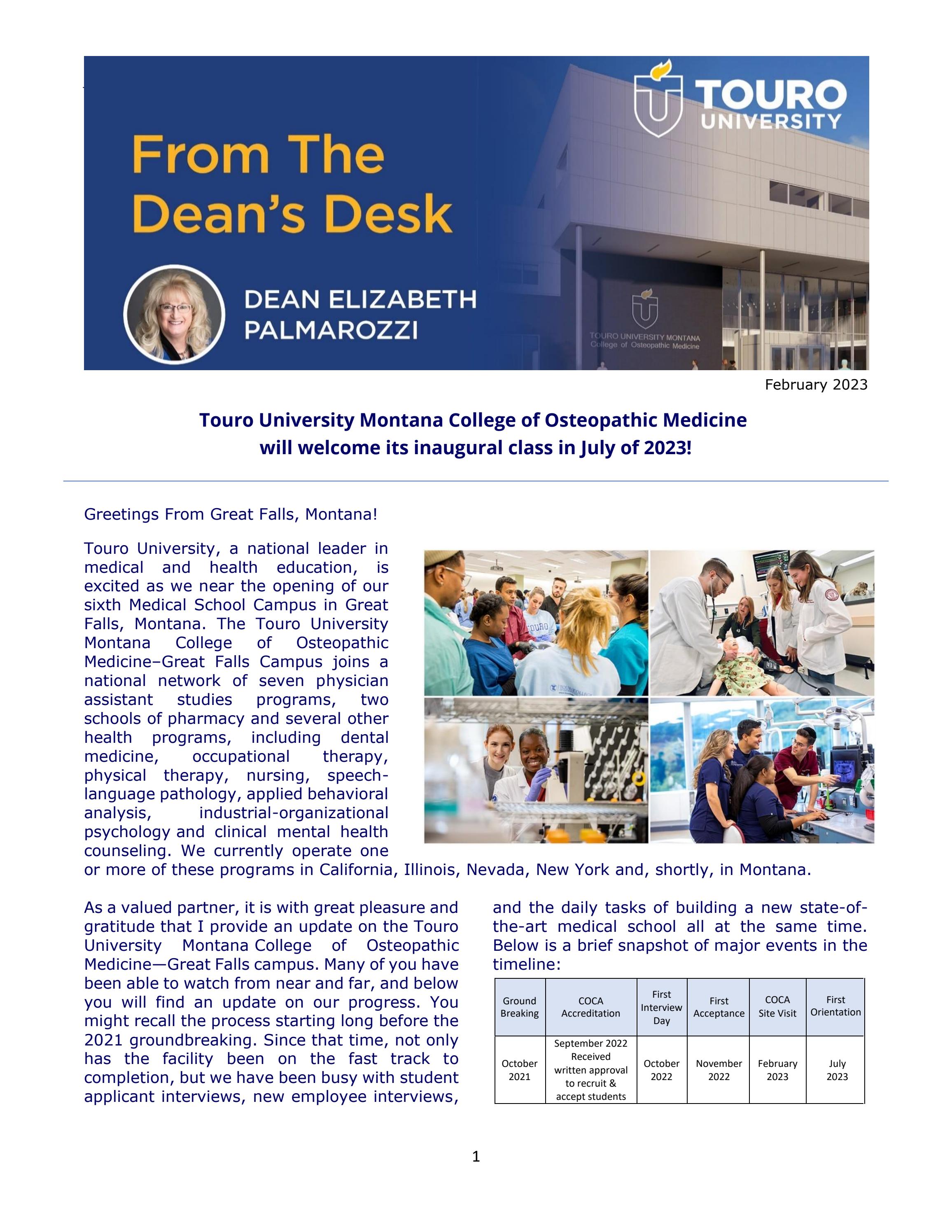Dean's Desk - TU Montana College of Osteopathic Medicine - Feb 2023 by ...