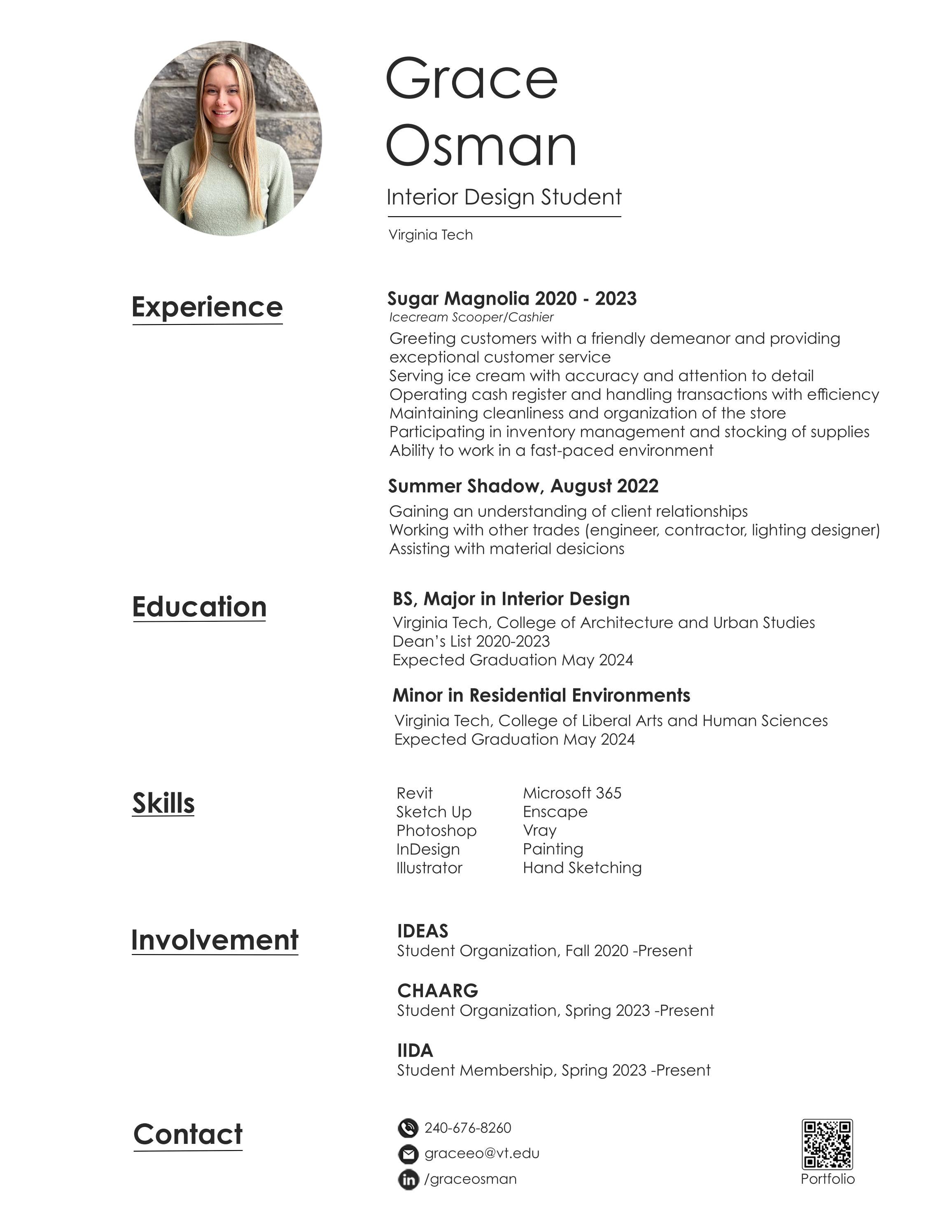 Virginia Tech Interior Design Resume 3rd Year Grace Osman 2023 by Grace ...