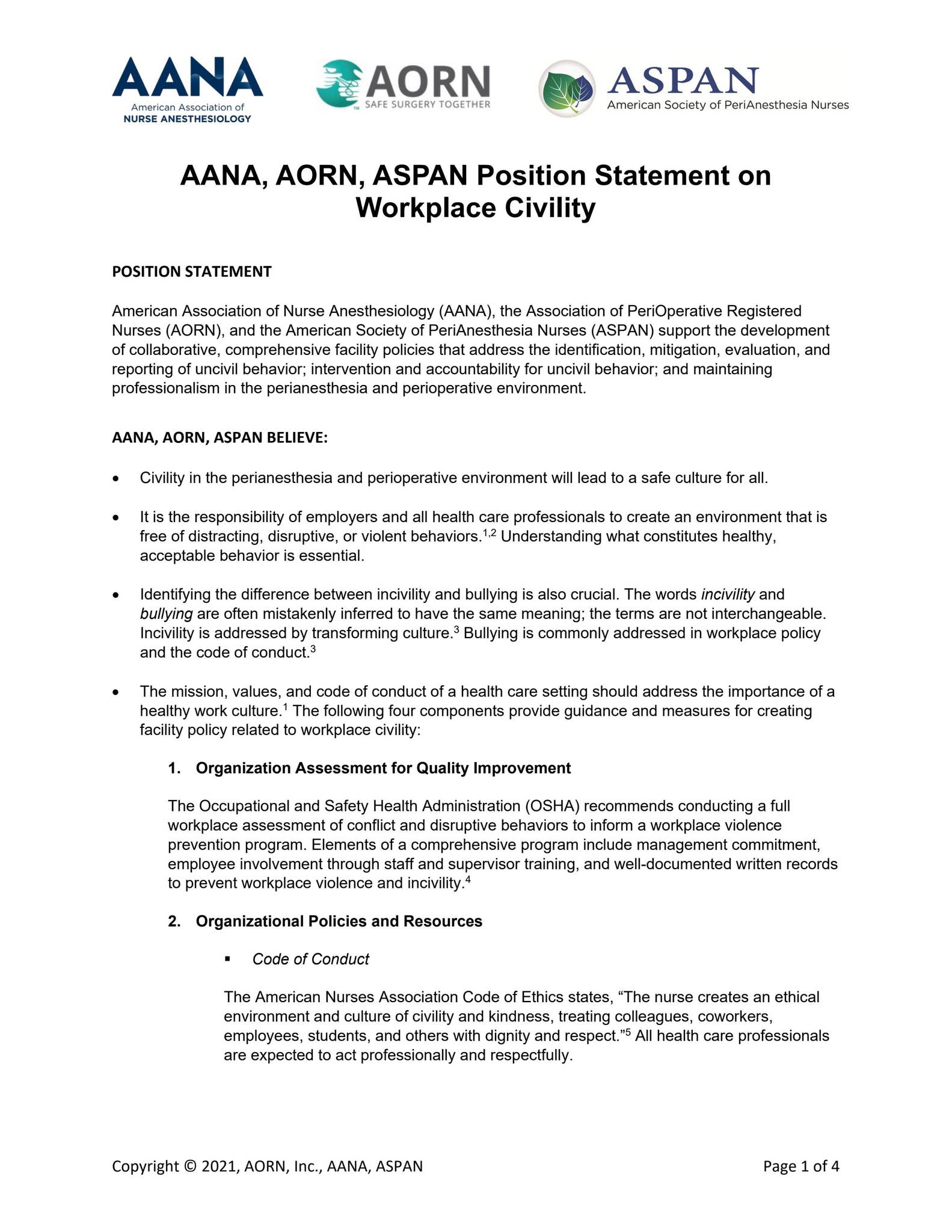 AANA, AORN, ASPAN Position Statement of Workplace Civility by ...