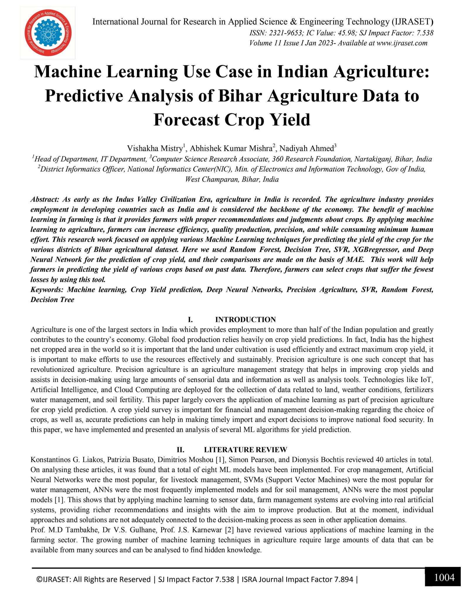 Machine Learning Use Case in Indian Agriculture: Predictive Analysis of ...