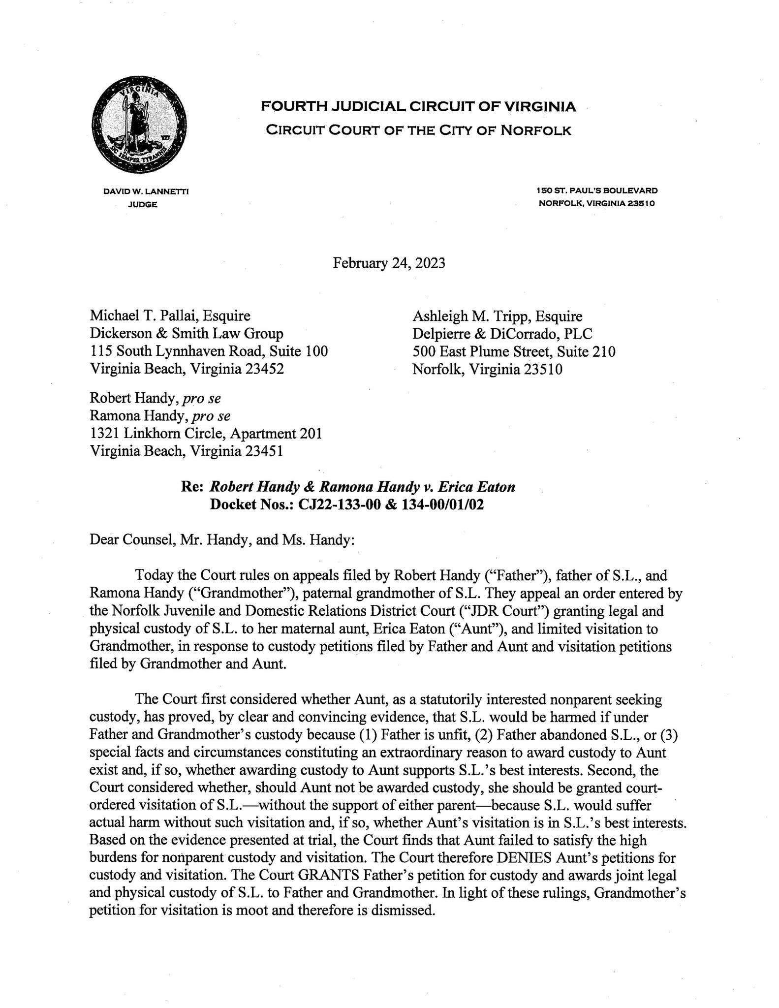 Robert Handy and Ramona Handy v. Erica Eaton by Norfolk Circuit Court ...