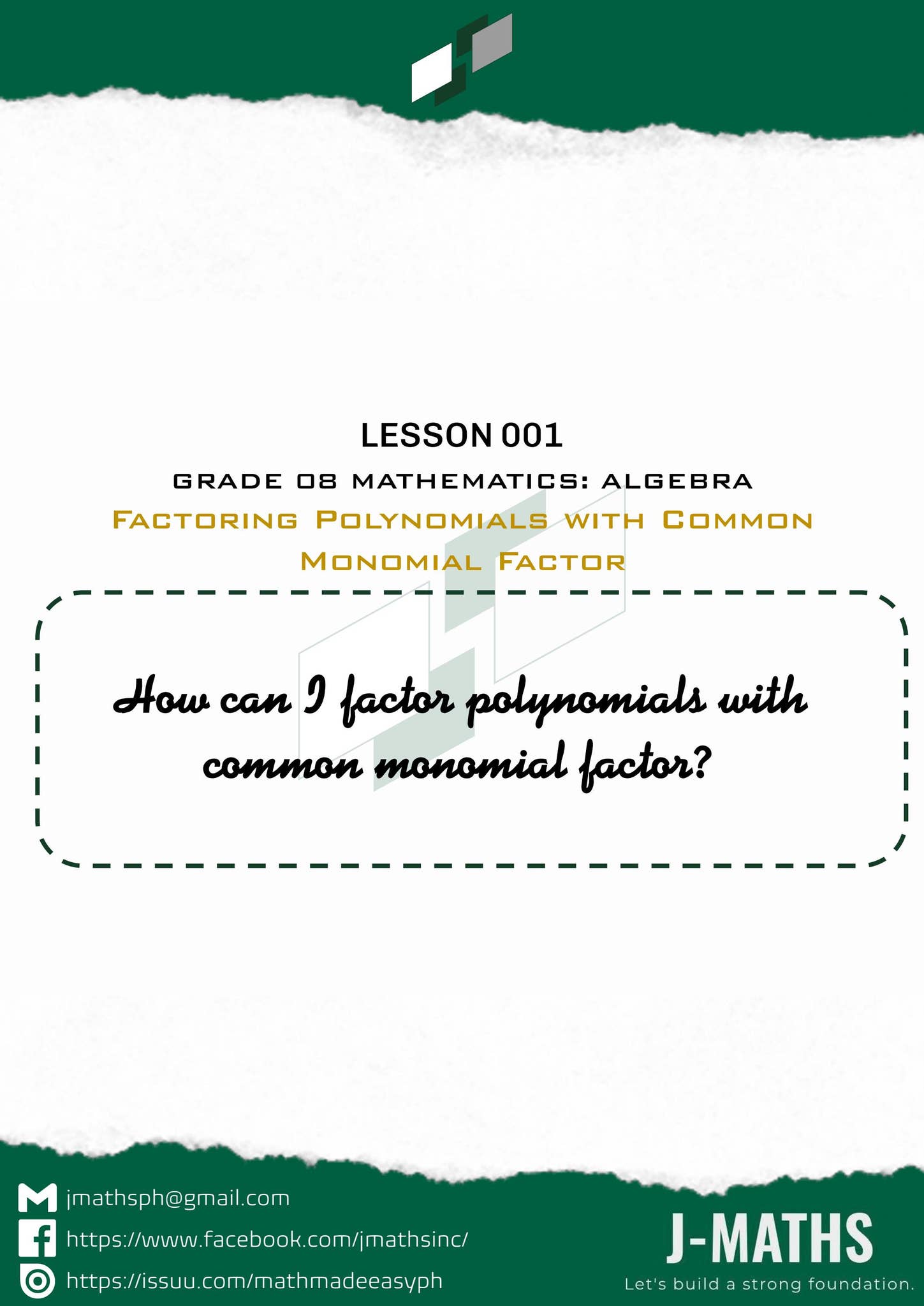 Grade 08 Mathematics: Factoring Polynomials with Common Monomial Factor ...