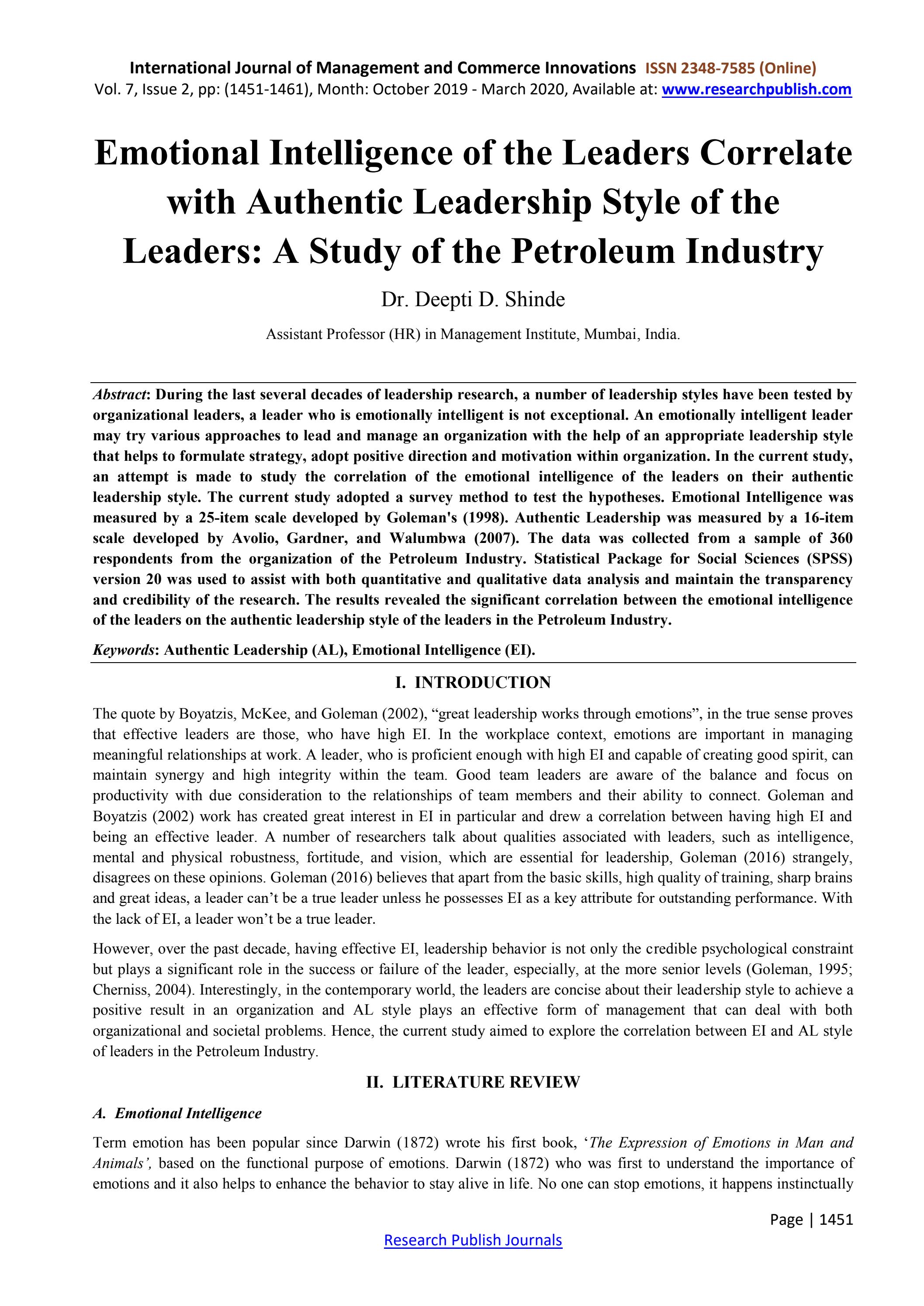 Emotional Intelligence of the Leaders Correlate with Authentic ...