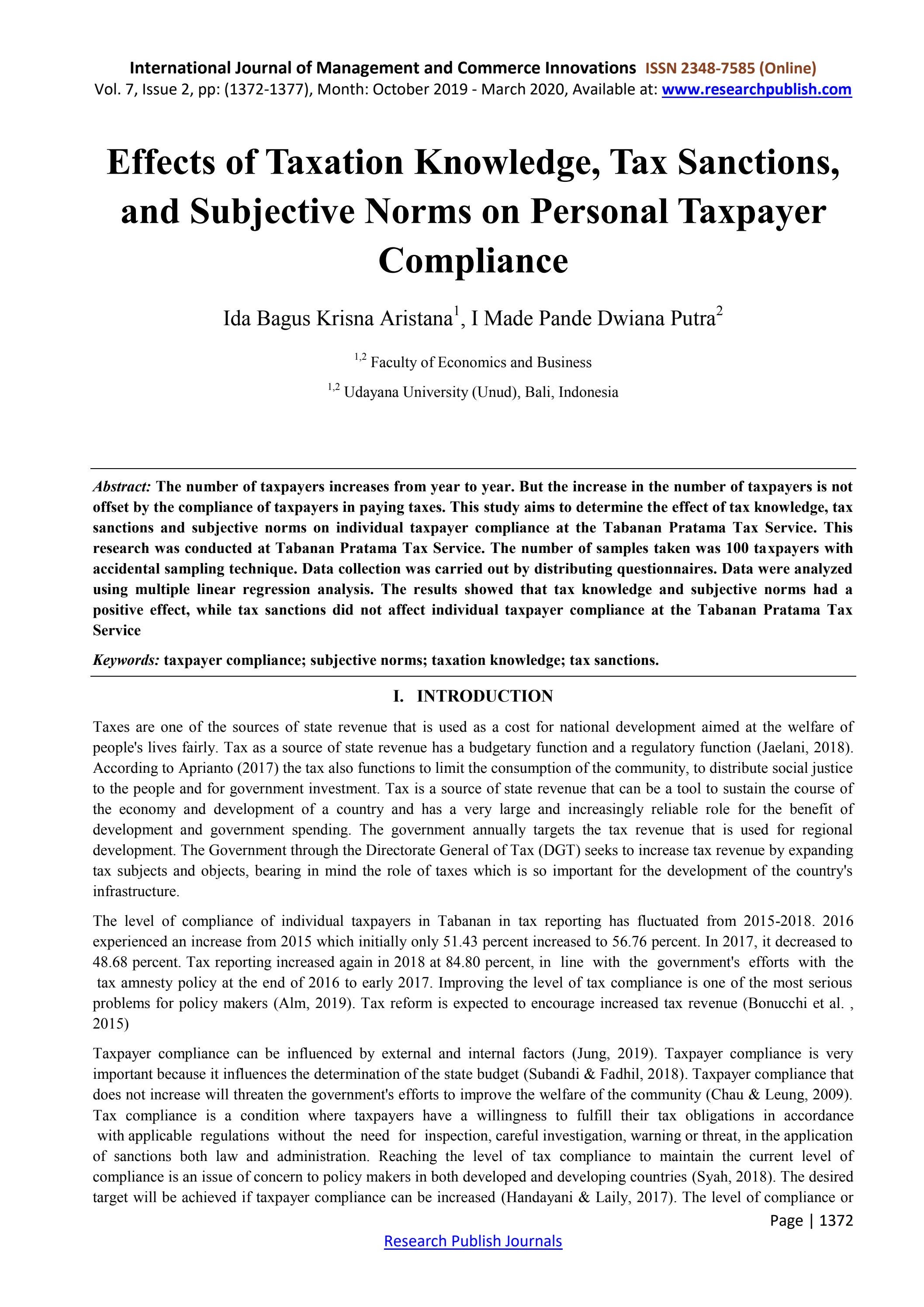 Effects of Taxation Knowledge, Tax Sanctions, and Subjective Norms on ...