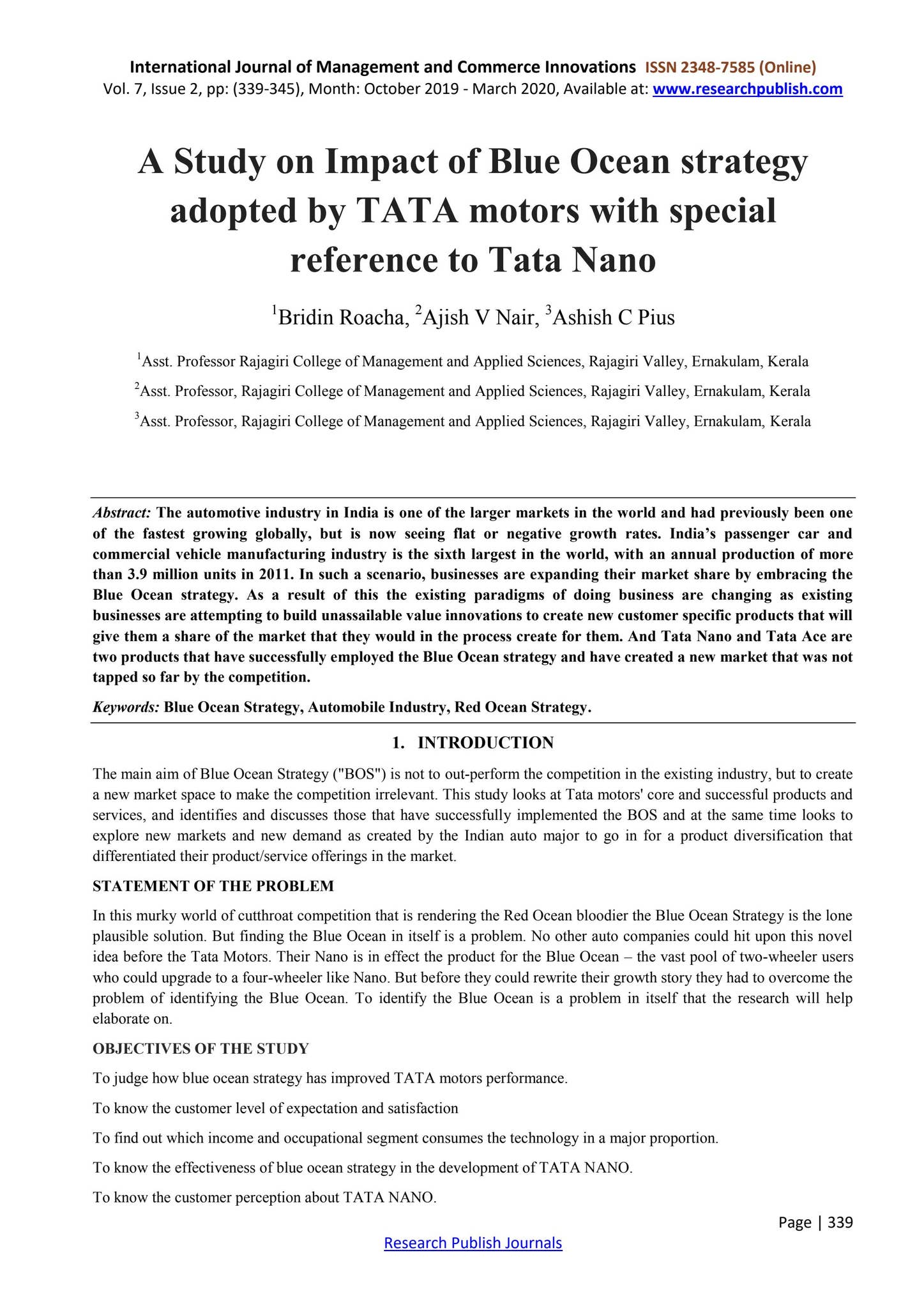 A Study on Impact of Blue Ocean strategy adopted by TATA motors with ...