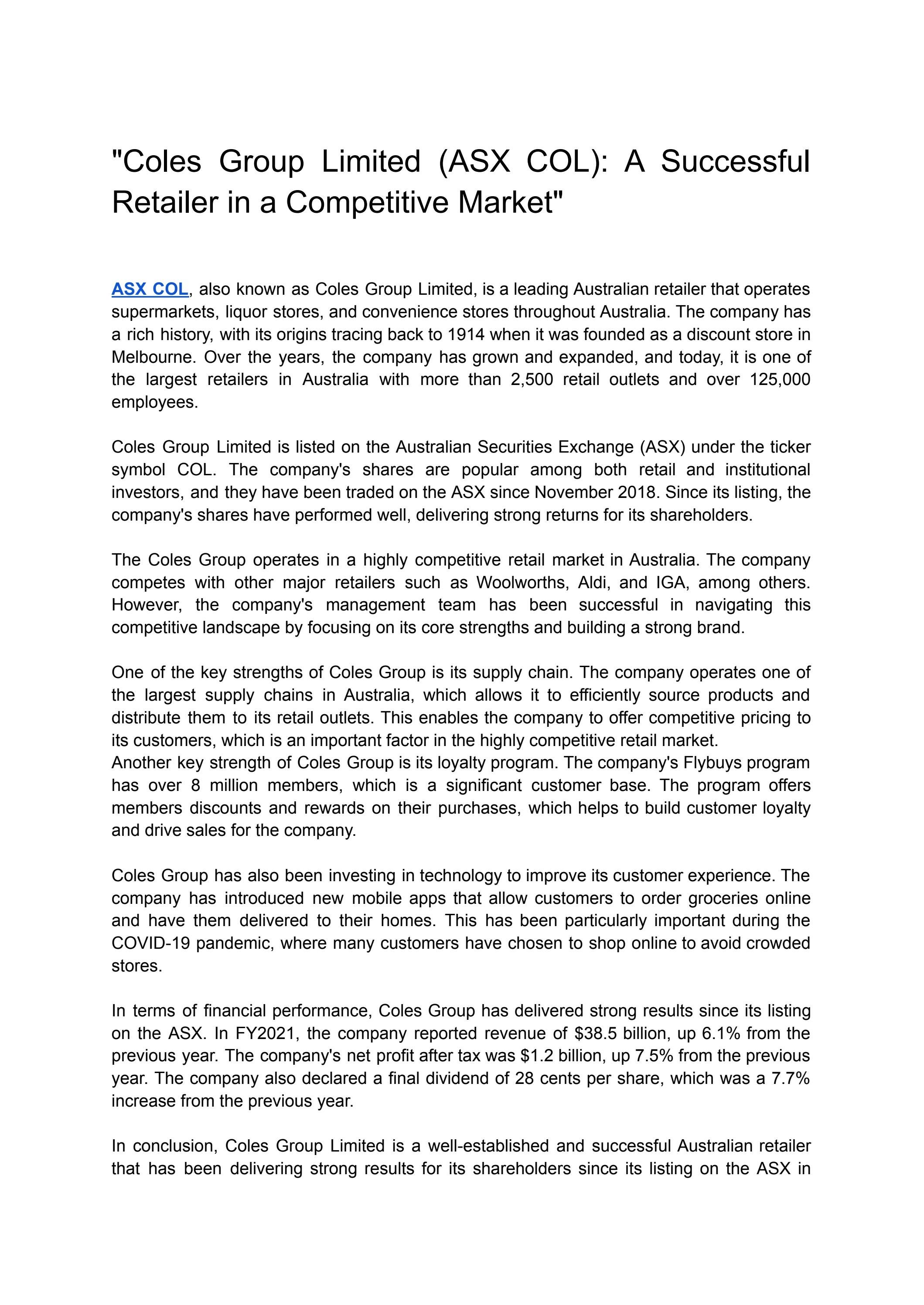 "Coles Group Limited (ASX COL): A Successful Retailer in a Competitive ...