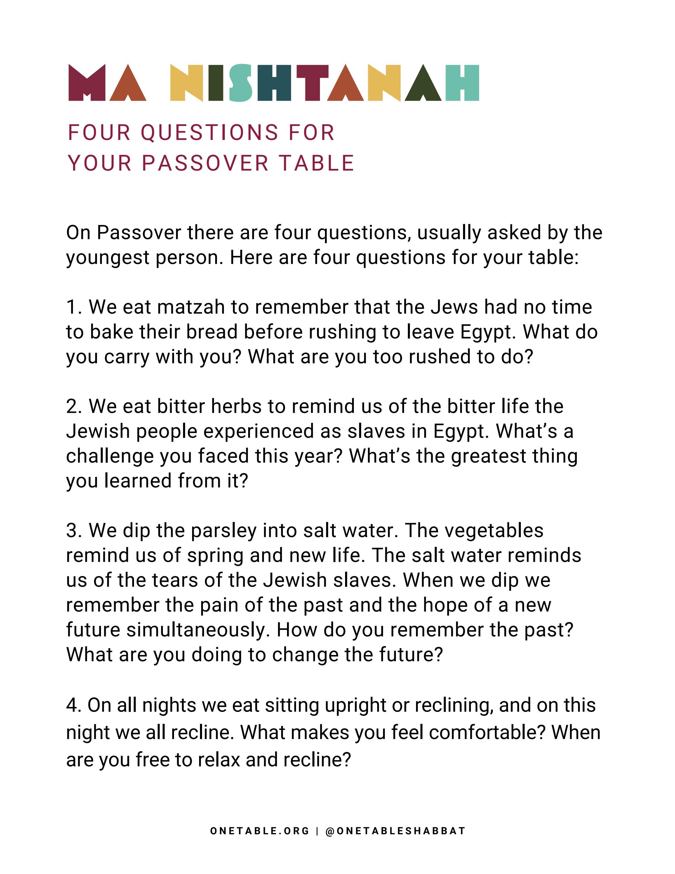 Four Questions for Your Passover Table by OneTable - Issuu