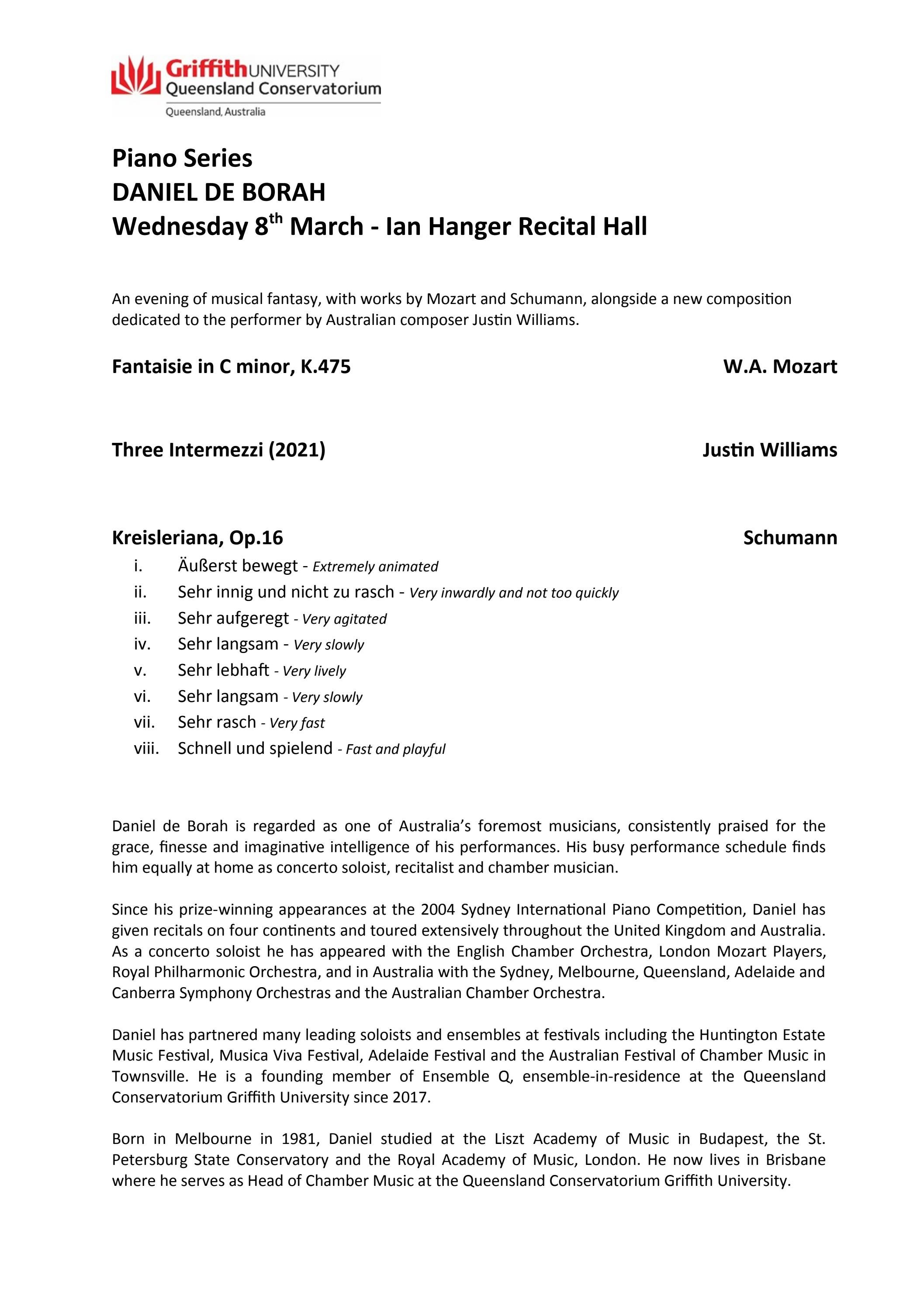 Piano Series: Daniel De Borah by Queensland Conservatorium Griffith ...