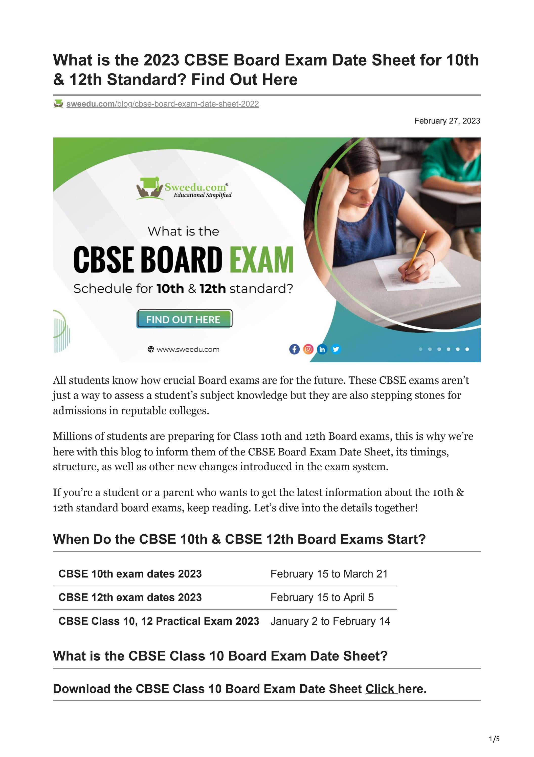 What is the 2023 CBSE Board Exam Date Sheet for 10th & 12th Standard ...