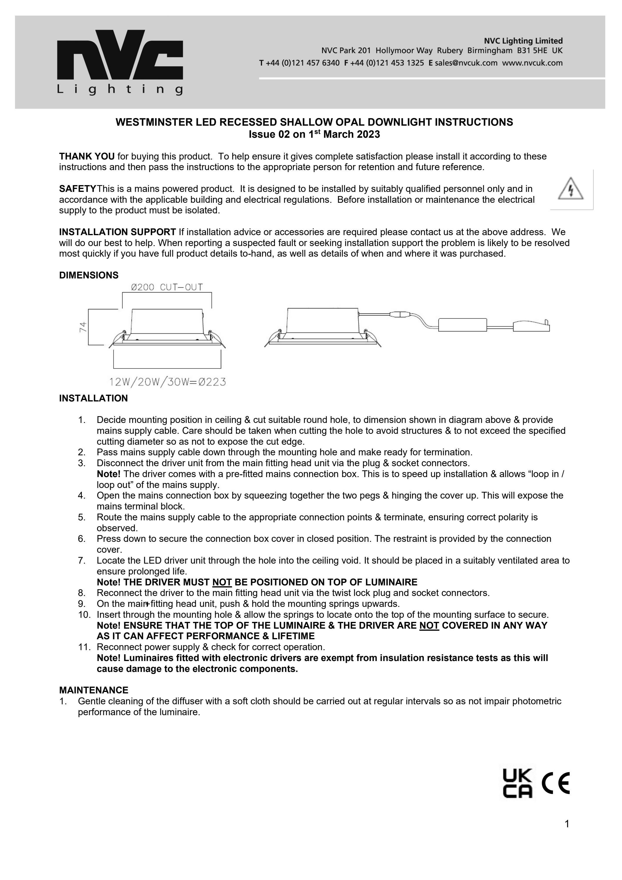WESTMINSTER - LED Recessed Low Glare Deep Downlight - Instruction sheet ...