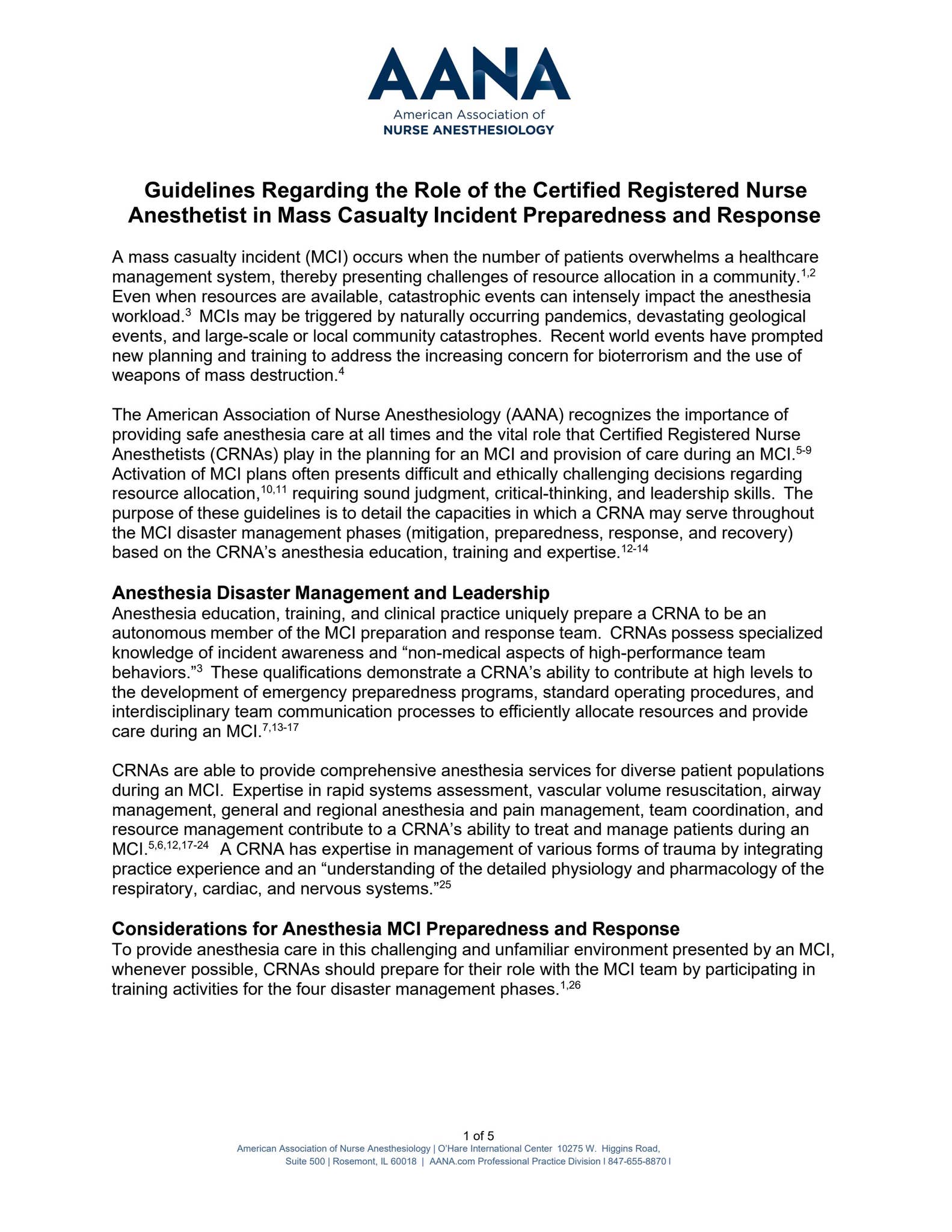 Guidelines Regarding the Role of the CRNA in Mass Casualty Incident ...