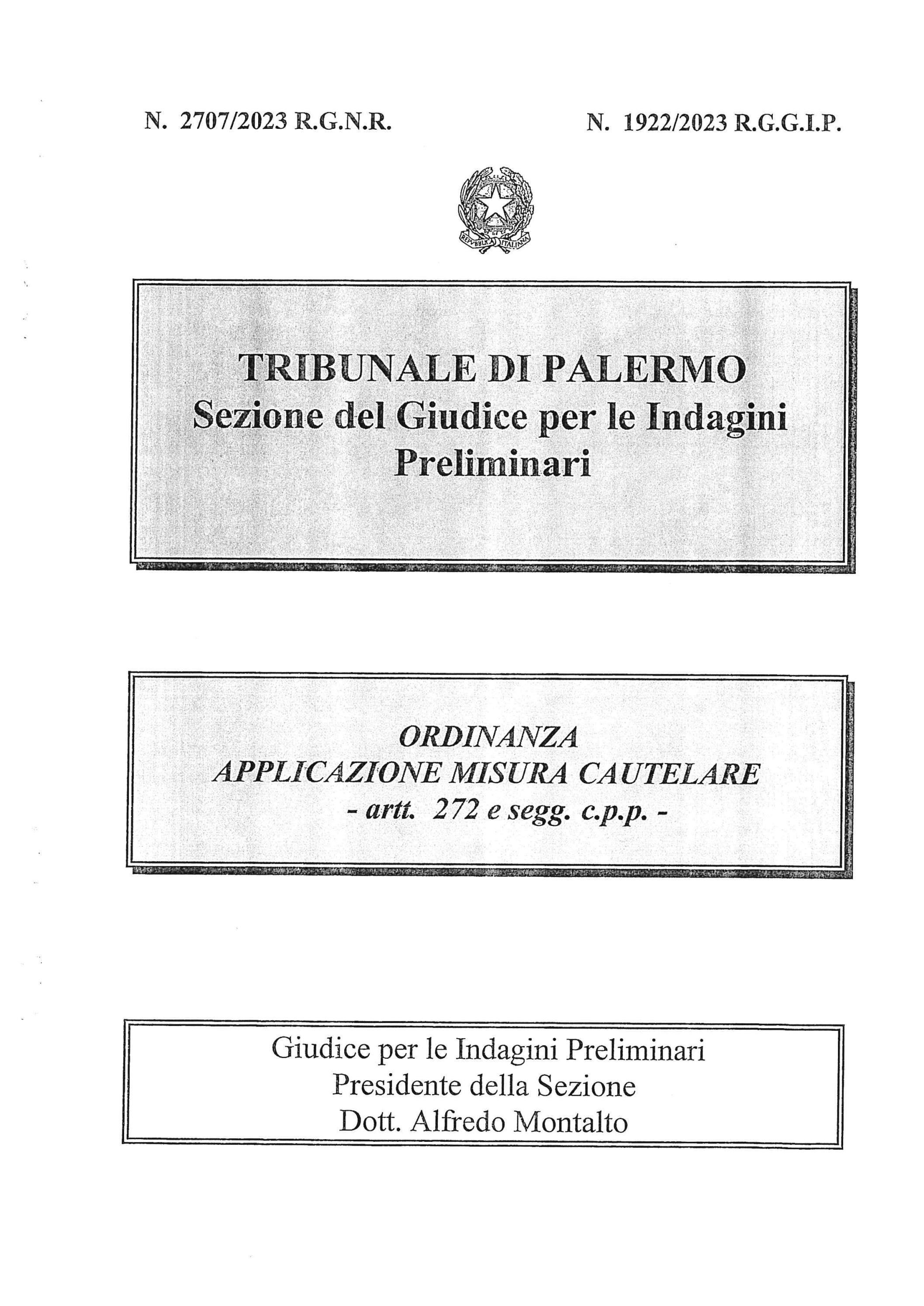 L'ordinanza di applicazione della misura cautelare nei confronti di ...