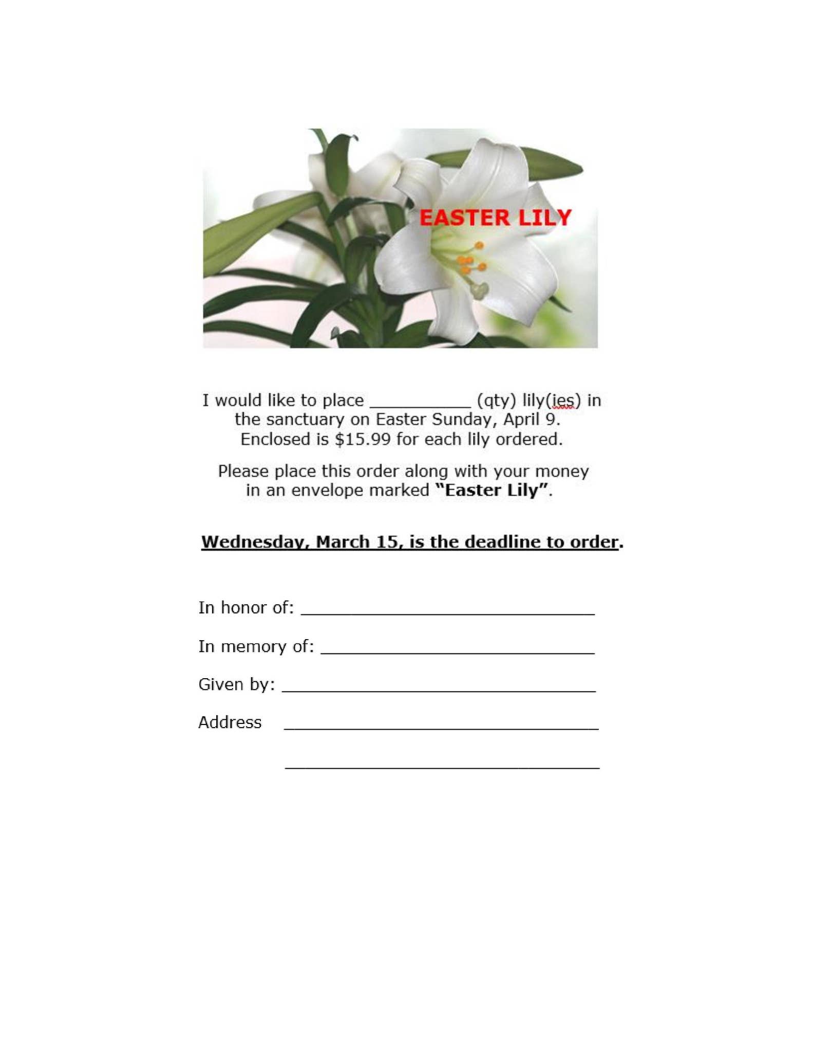 Easter Lily Order Form by StarlingAvenue - Issuu