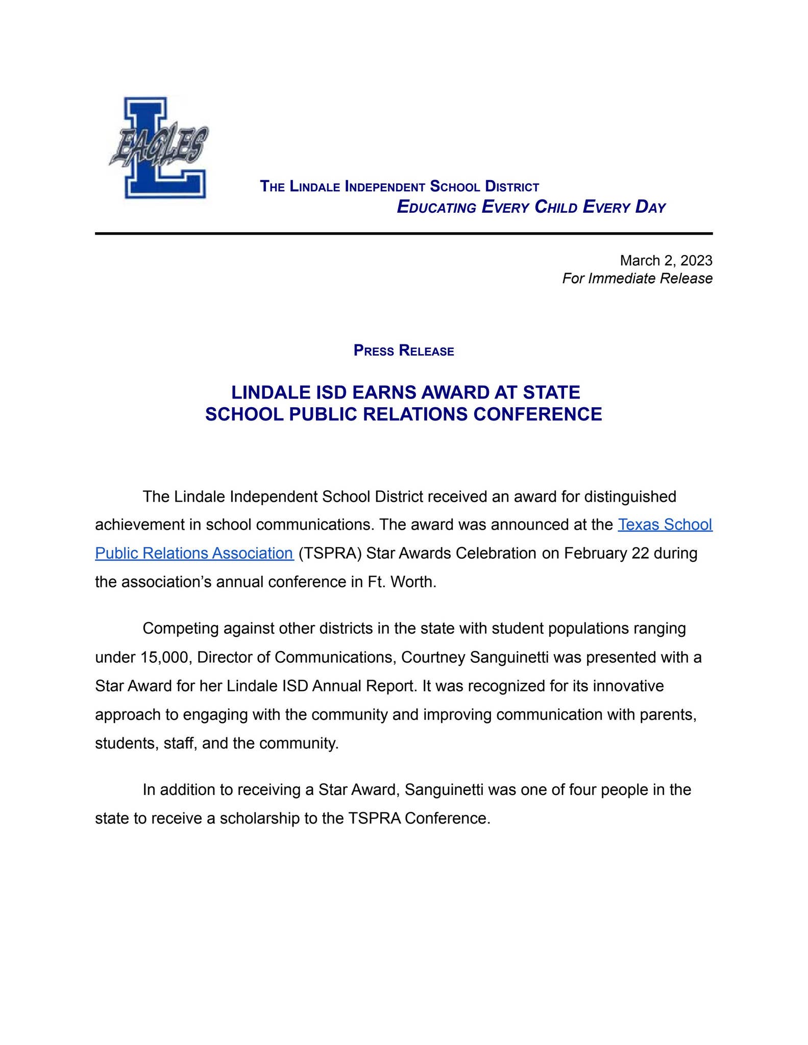 Lindale ISD Earns Award at State School Public Relations Conference by ...